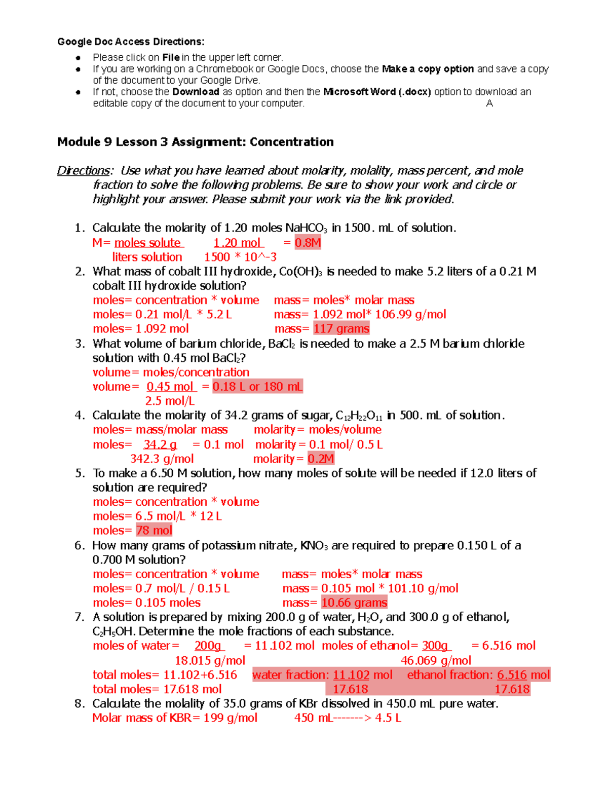 Module 9 Lesson 3 Assignment: Concentration Calculations and Problems ...