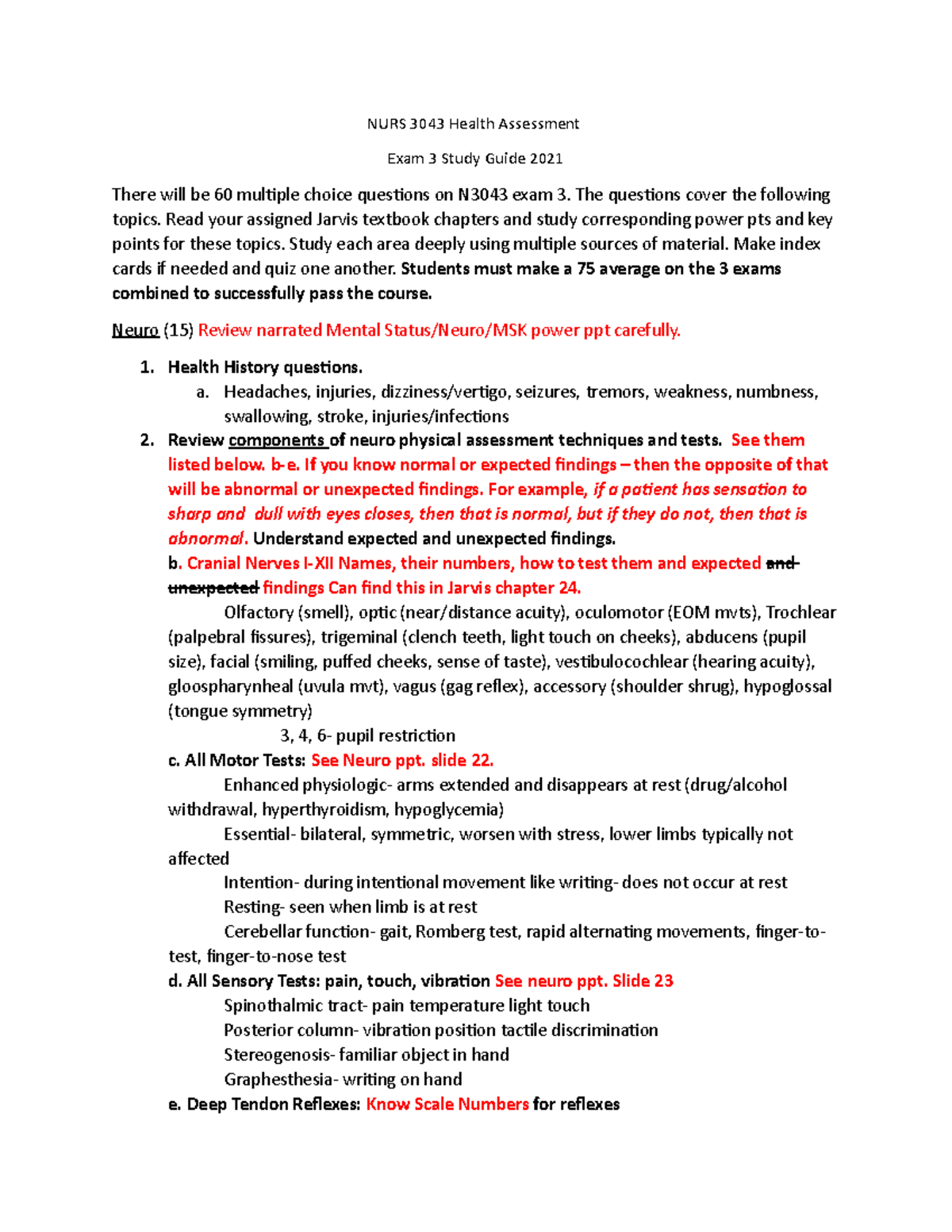 NURS 3043 Exam 3 Health Assessment Study Guide (2021) - Studocu