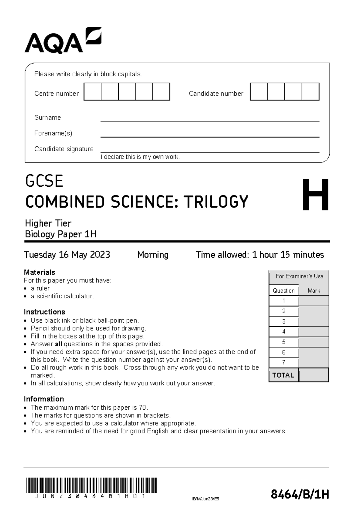 GCSE Combined Science: Trilogy Higher Tier Biology Paper 1H - Studocu