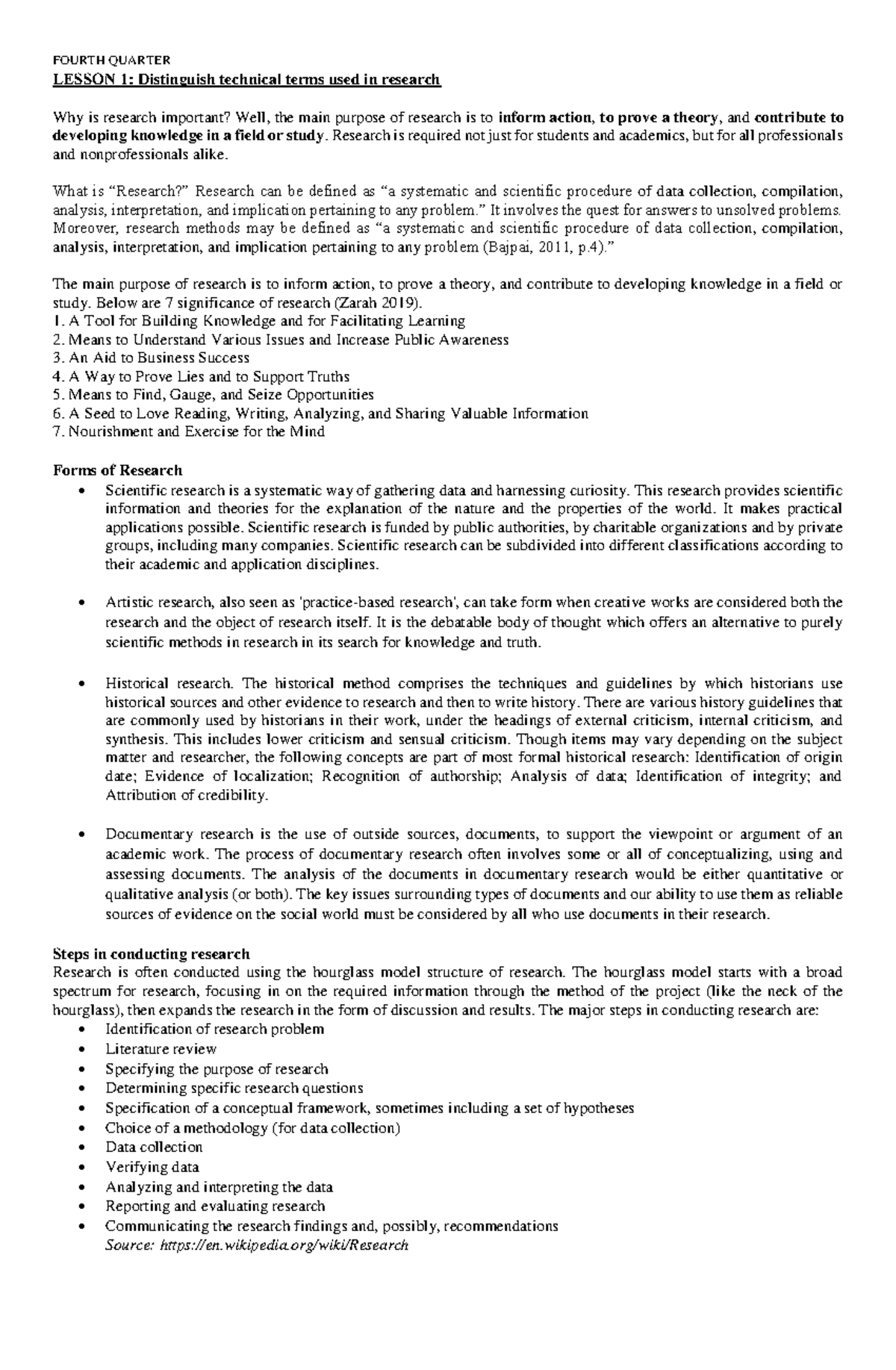 FOURTH QUARTER LESSON 1: Understanding Research and Its Importance ...