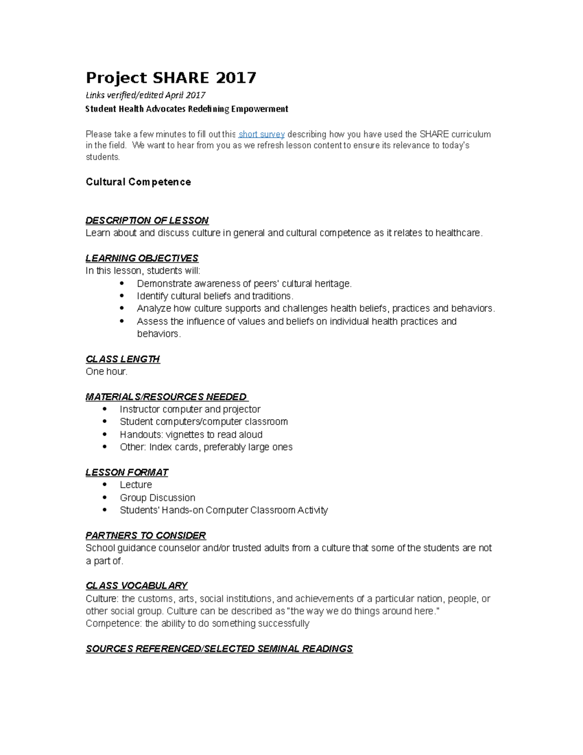 Cultural Competence Lesson Plan - Project SHARE 2017 Links verified ...