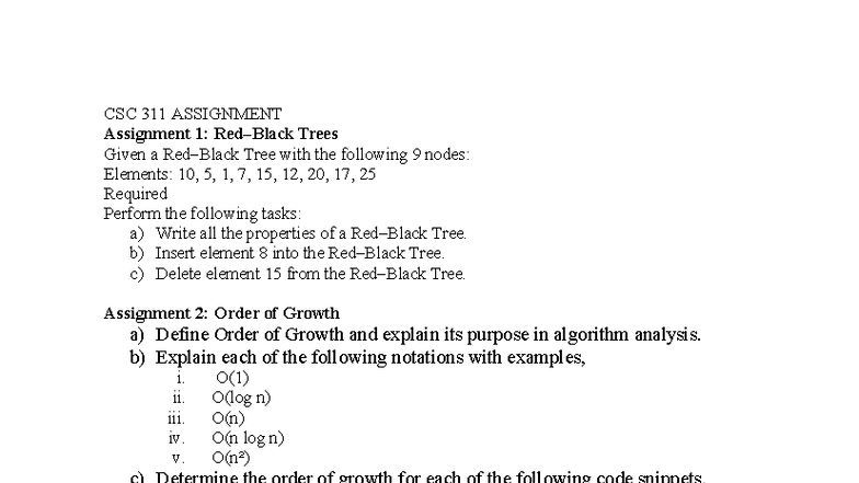 CSC 311 Assignment 1-3: Trees, Order of Growth, Sort Algorithms - Studocu