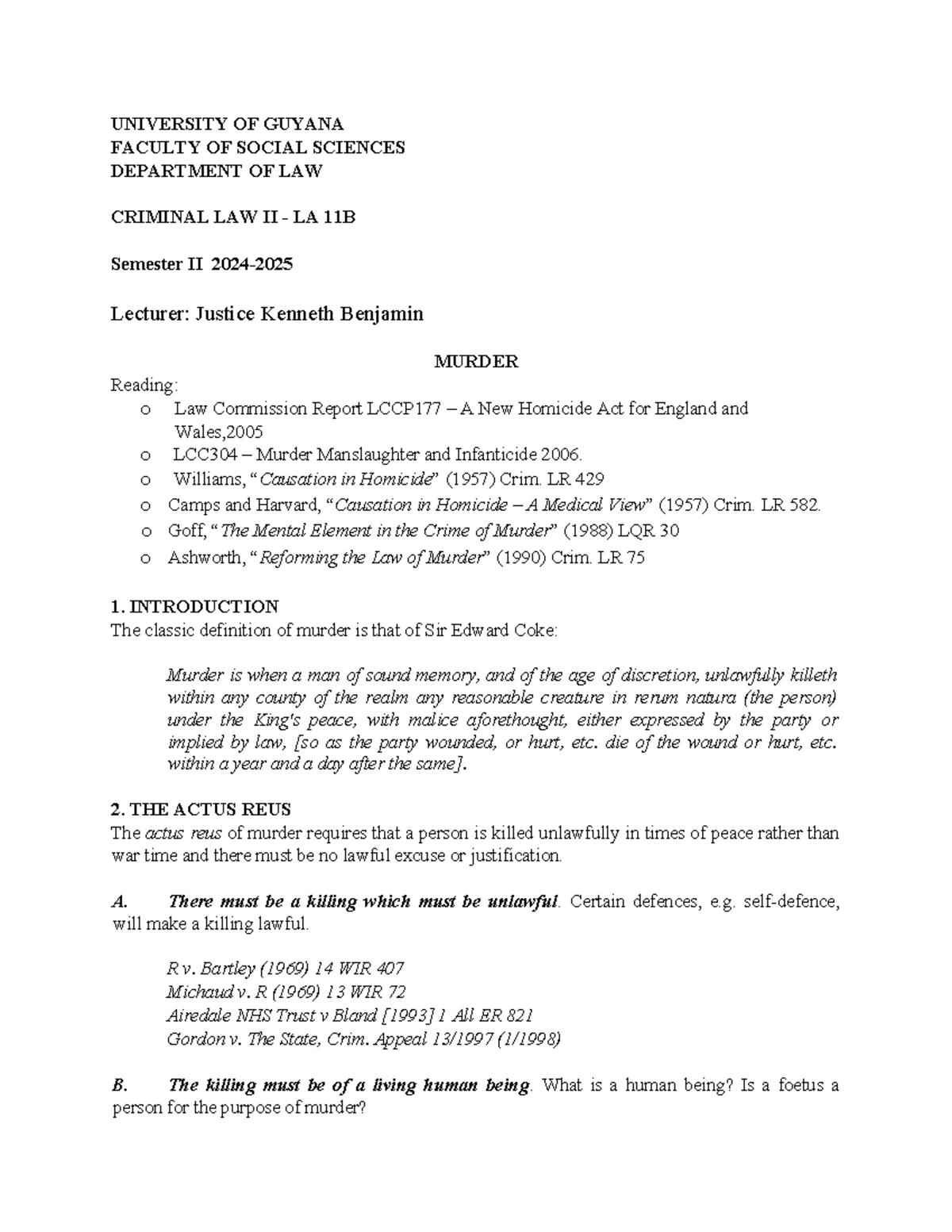 Criminal Law II - LA11B - Murder Study Guide 2024-2025 - Studocu