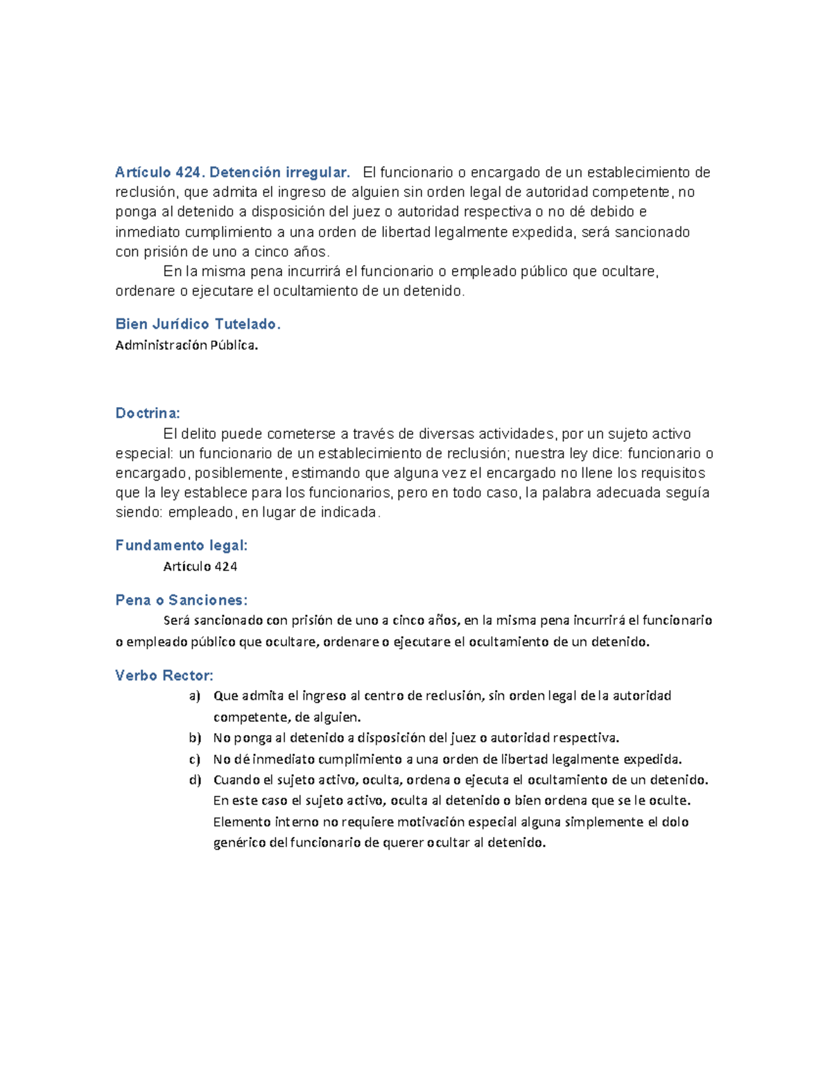 Análisis del Artículo 424: Detención Irregular y Sanciones - Studocu