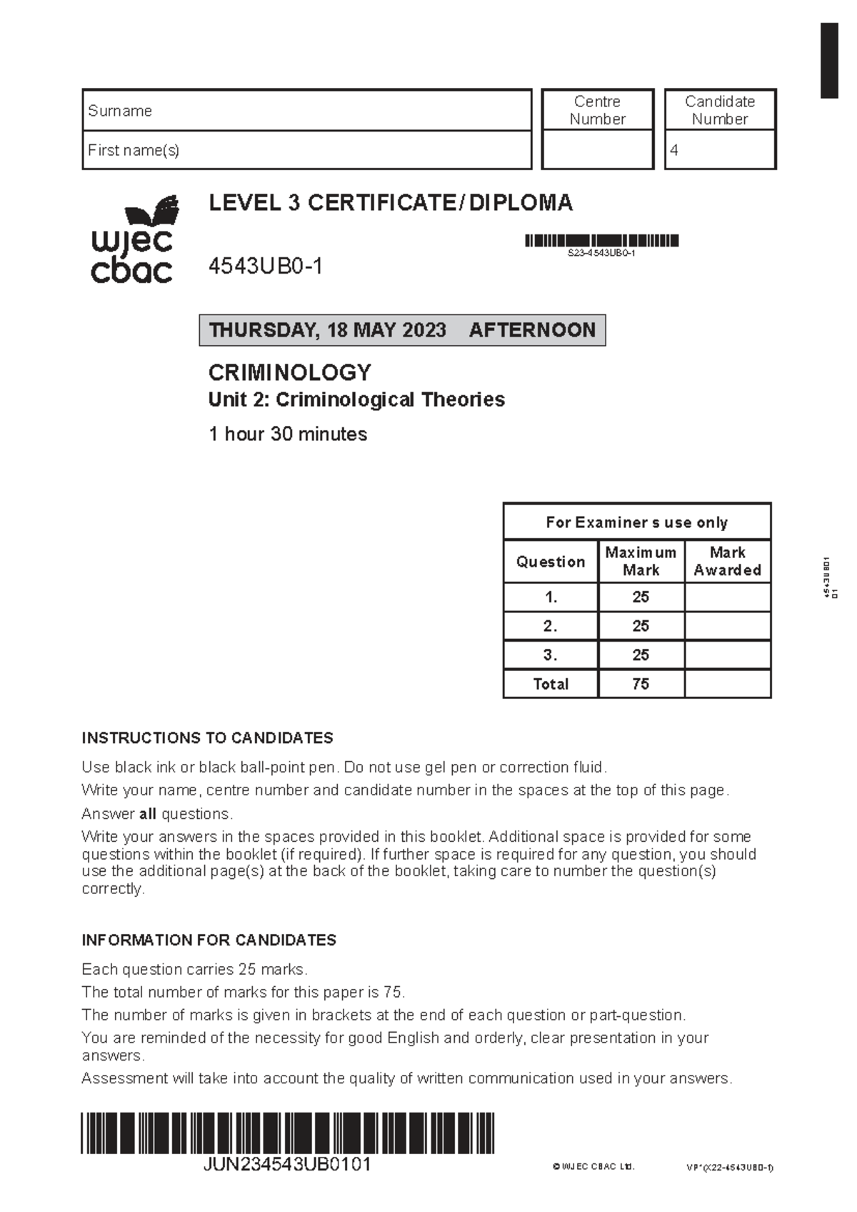 WJEC Criminology Unit 2: Criminological Theories Past Paper 2023 - Studocu