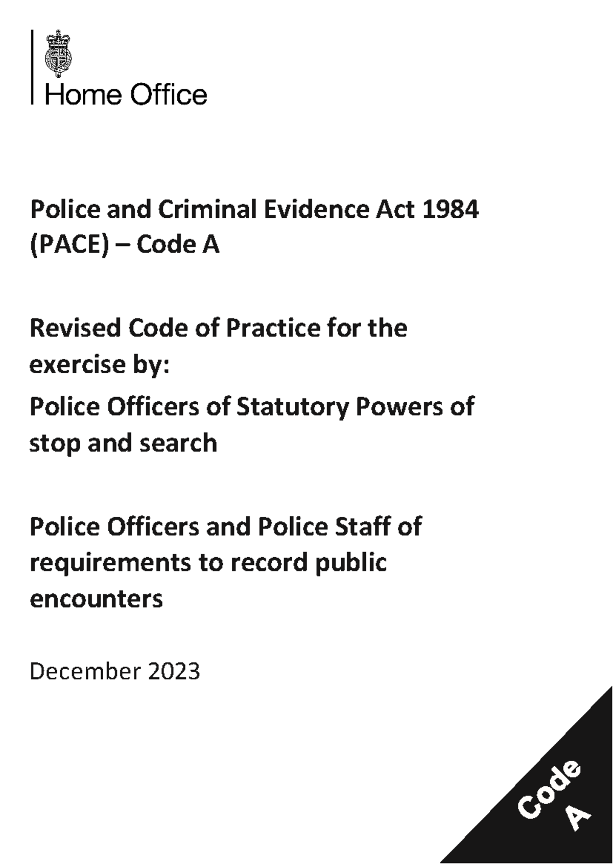 PACE Code A 2023 - Revised Code of Practice for Stop and Search - Studocu