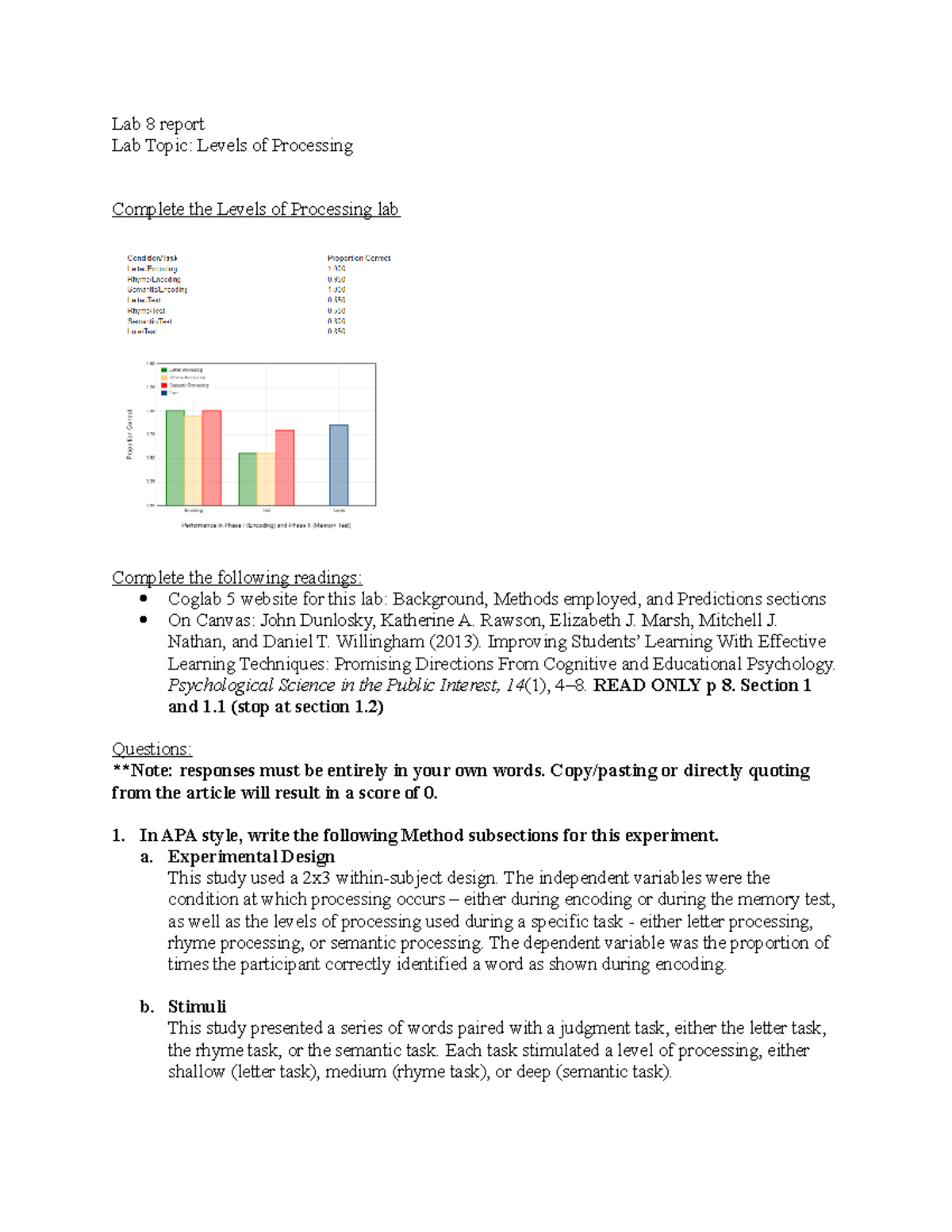 LAB Review #8 - Levels of Processing - Lab 8 report Lab Topic: Levels of Processing Complete the ...