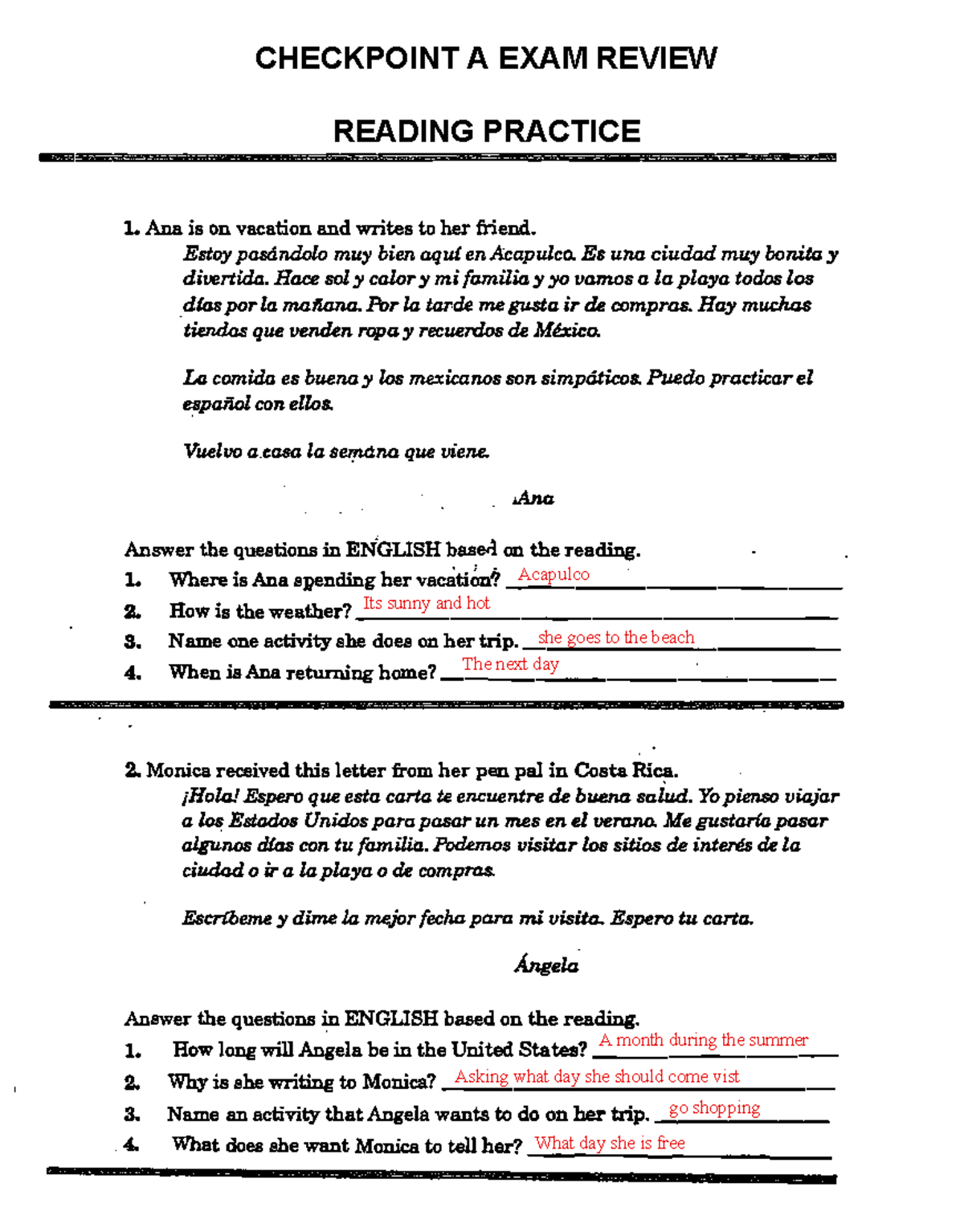 Checkpoint A Exam Review: Reading Practice and Questions - Studocu
