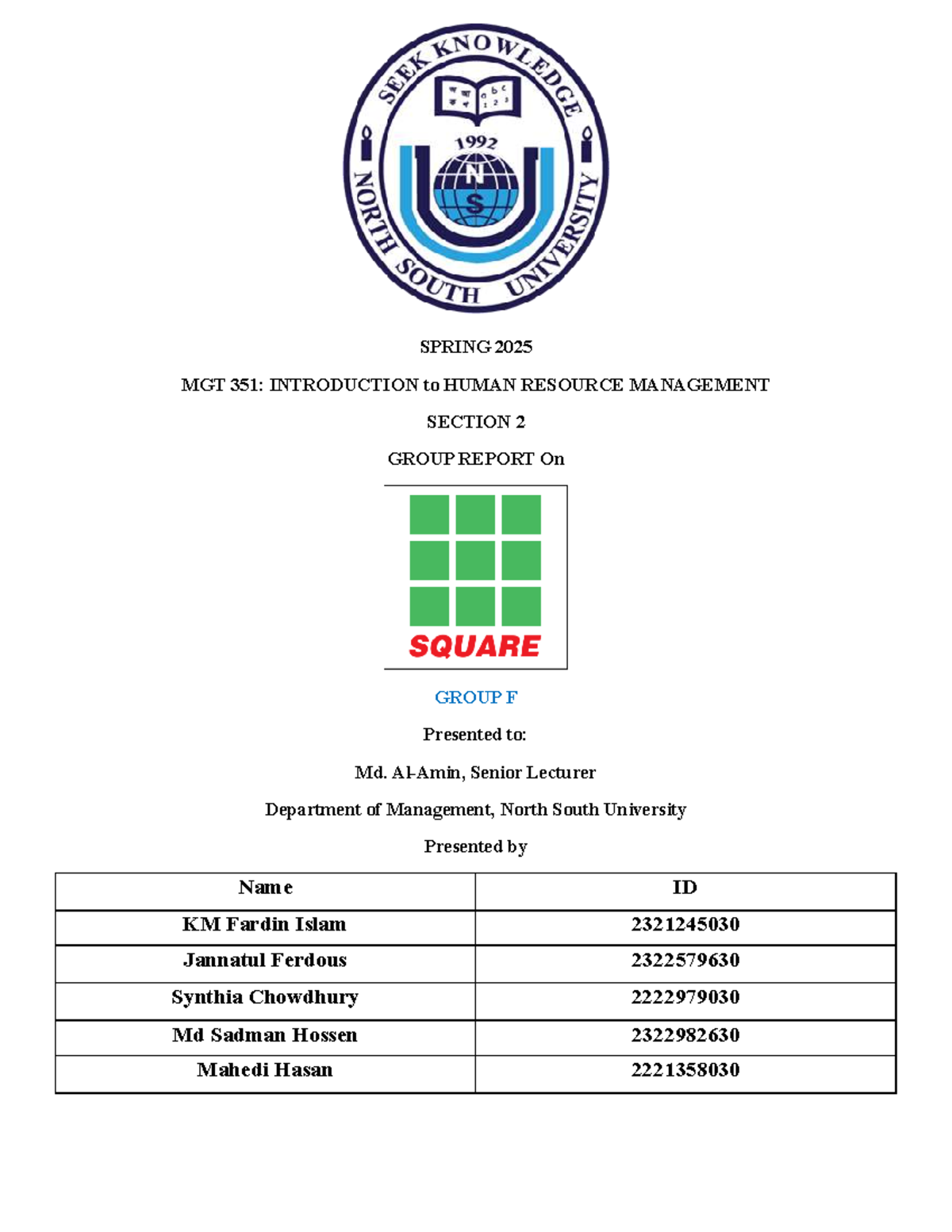 MGT 351: Group report on HR analysis of Square Textiles Limited - Studocu