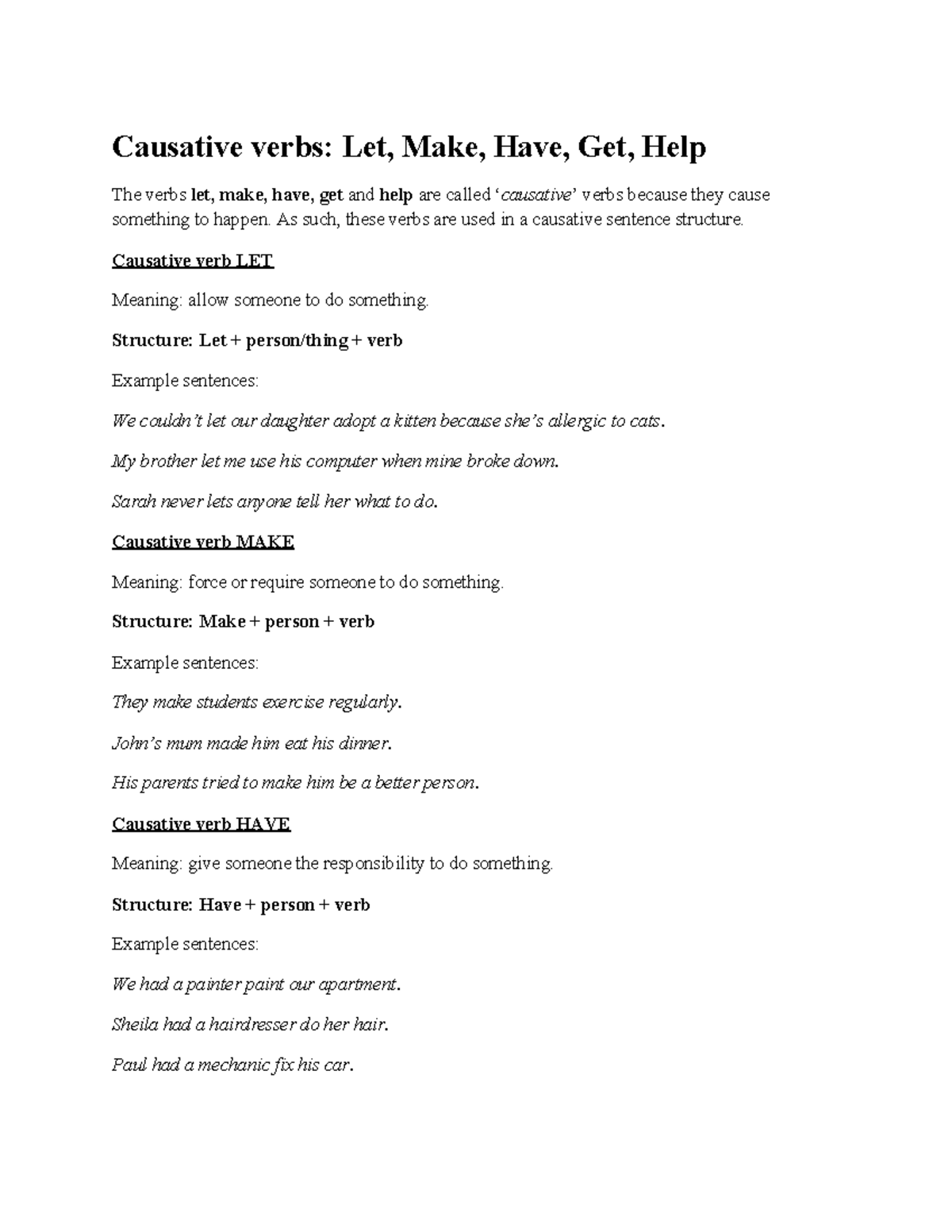 Causative Verbs: Let, Make, Have, Get, Help - Essential Guide - Studocu