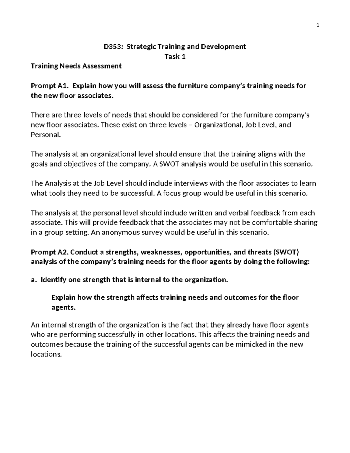 D353 Task 1: Training Needs Assessment for Floor Associates - Studocu