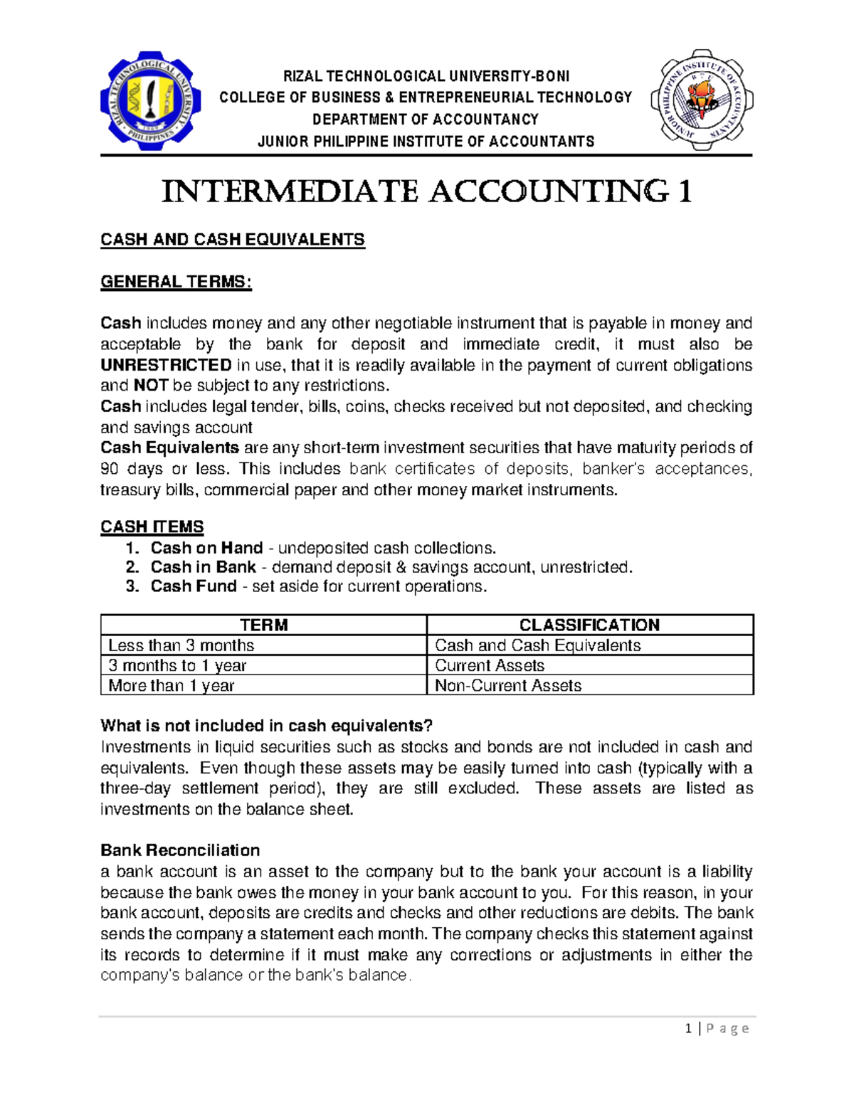 Intermediate Accounting 1 - Detailed Lecture Notes on Cash and ...