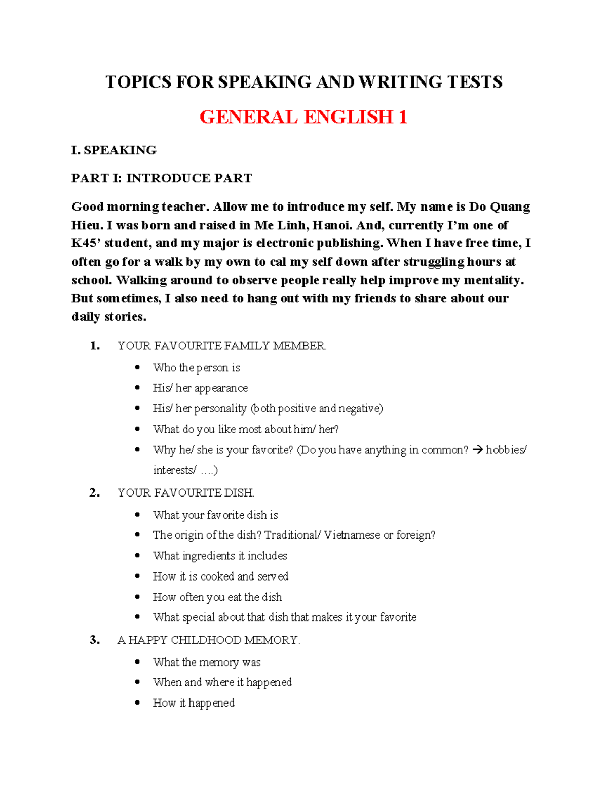 GE1 Speaking and Writing Test Topics for General English 1 - Studocu