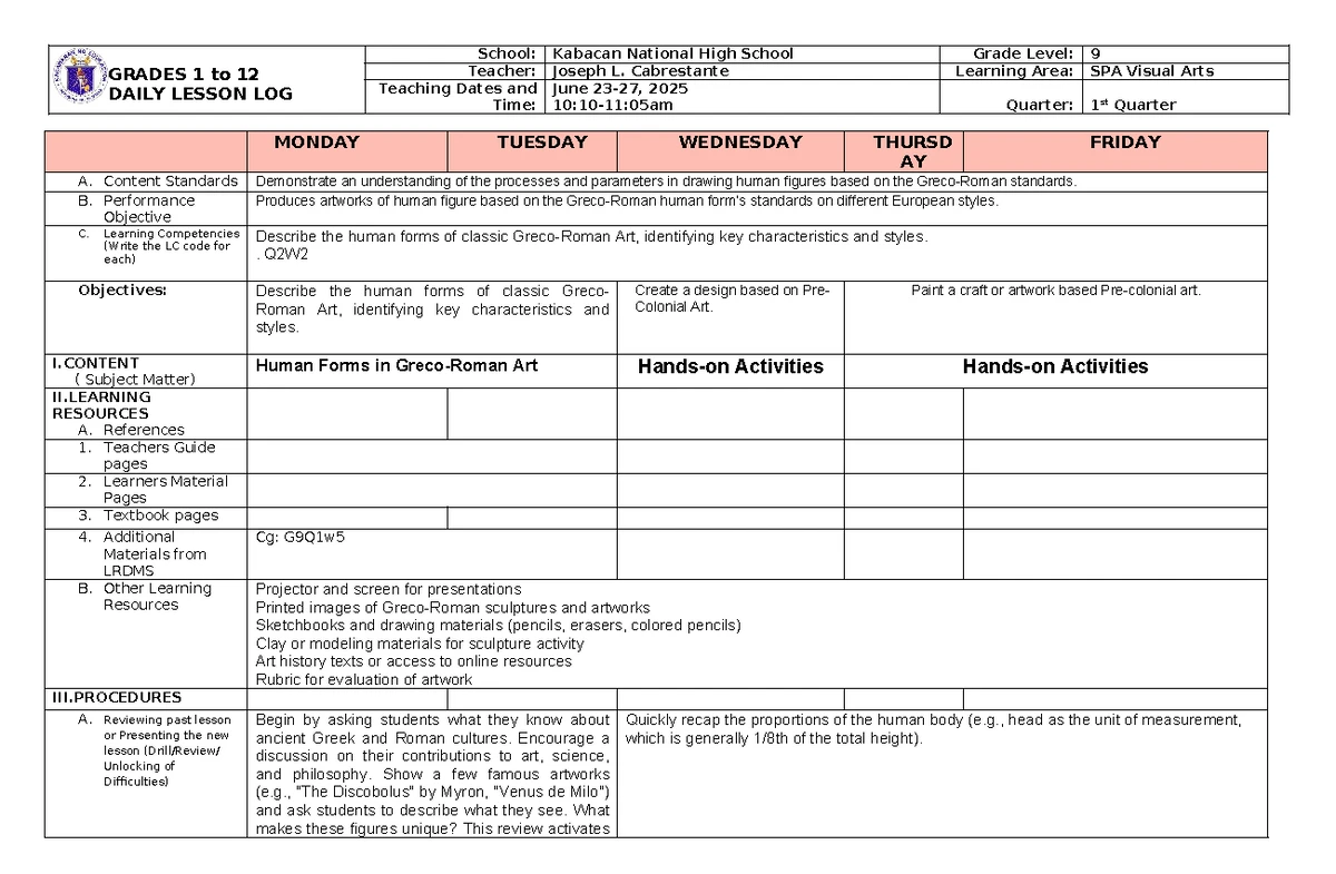 Visual Arts Lesson Plan: G9 Q2W3 - Colonial Icons & Structures - Studocu