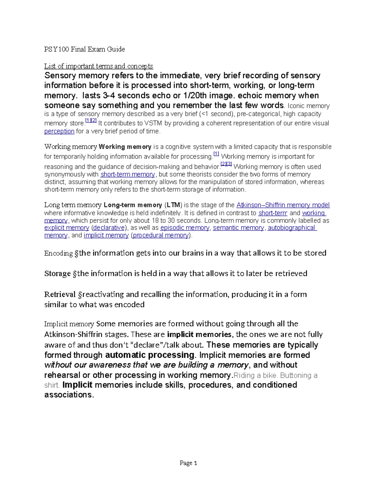 PSY100 Final Exam Study Guide: Key Terms & Concepts on Memory - Studocu