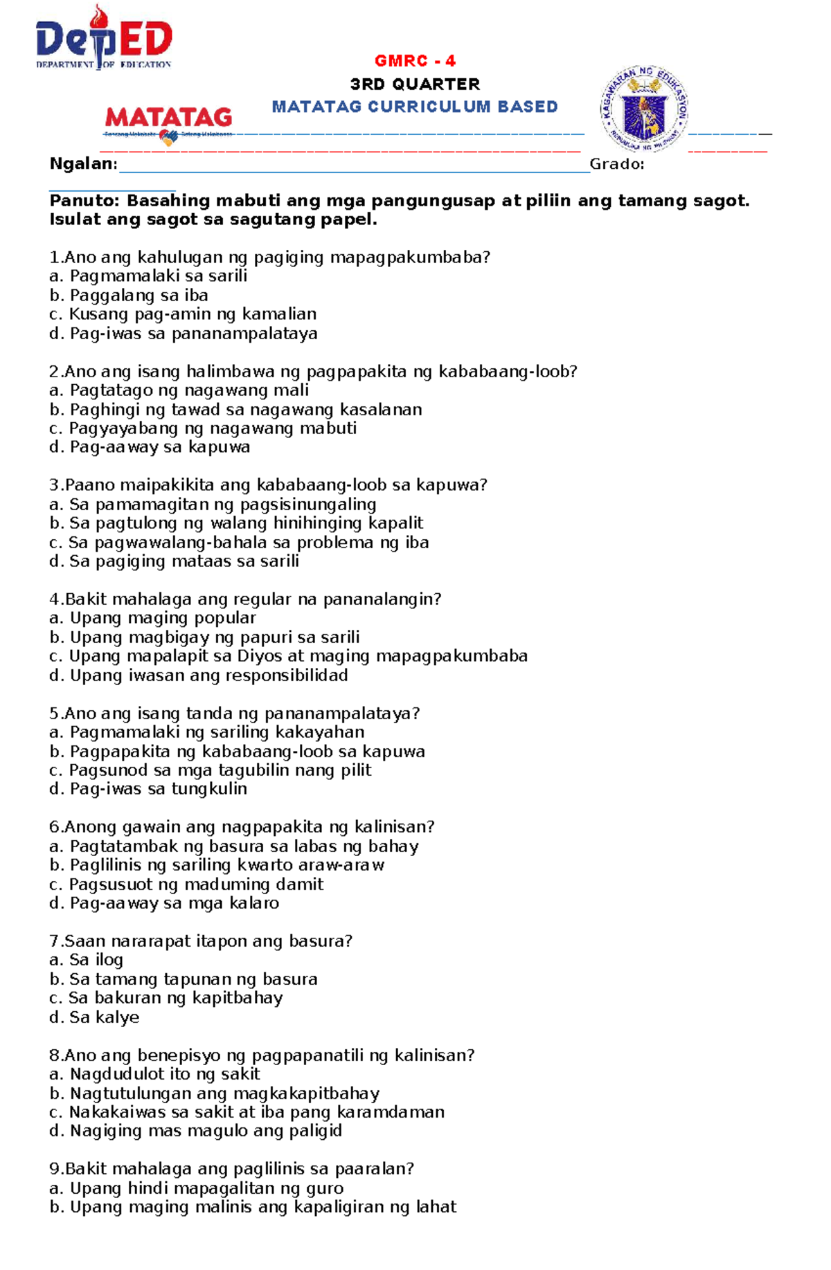 GMRC 4 3RD QUARTER LESSON PLAN ON MAPAGPAKUMBABA AND KALINISAN - Studocu