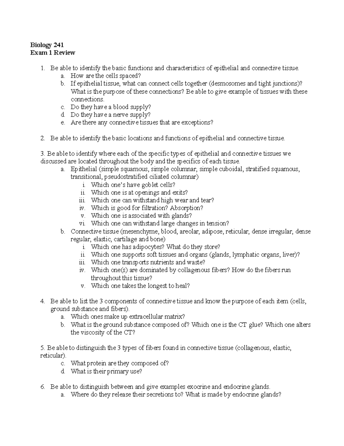Biology 241 Exam 1 Review: Key Concepts of Epithelial & Connective ...