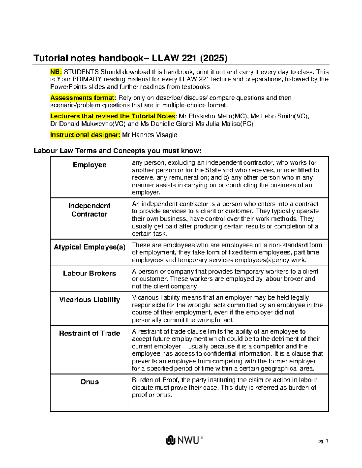 Tutorial Notes Handbook for LLAW 221 (2025) - Essential Labour Law ...