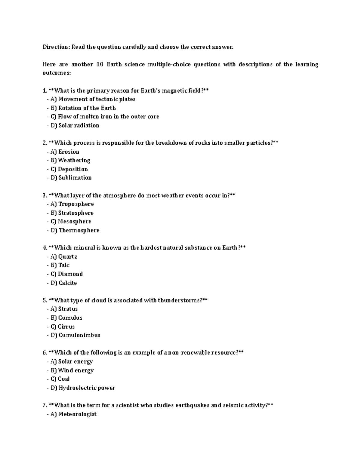 ERT10 - Earth Science Quiz: Geological & Atmospheric Processes - Studocu
