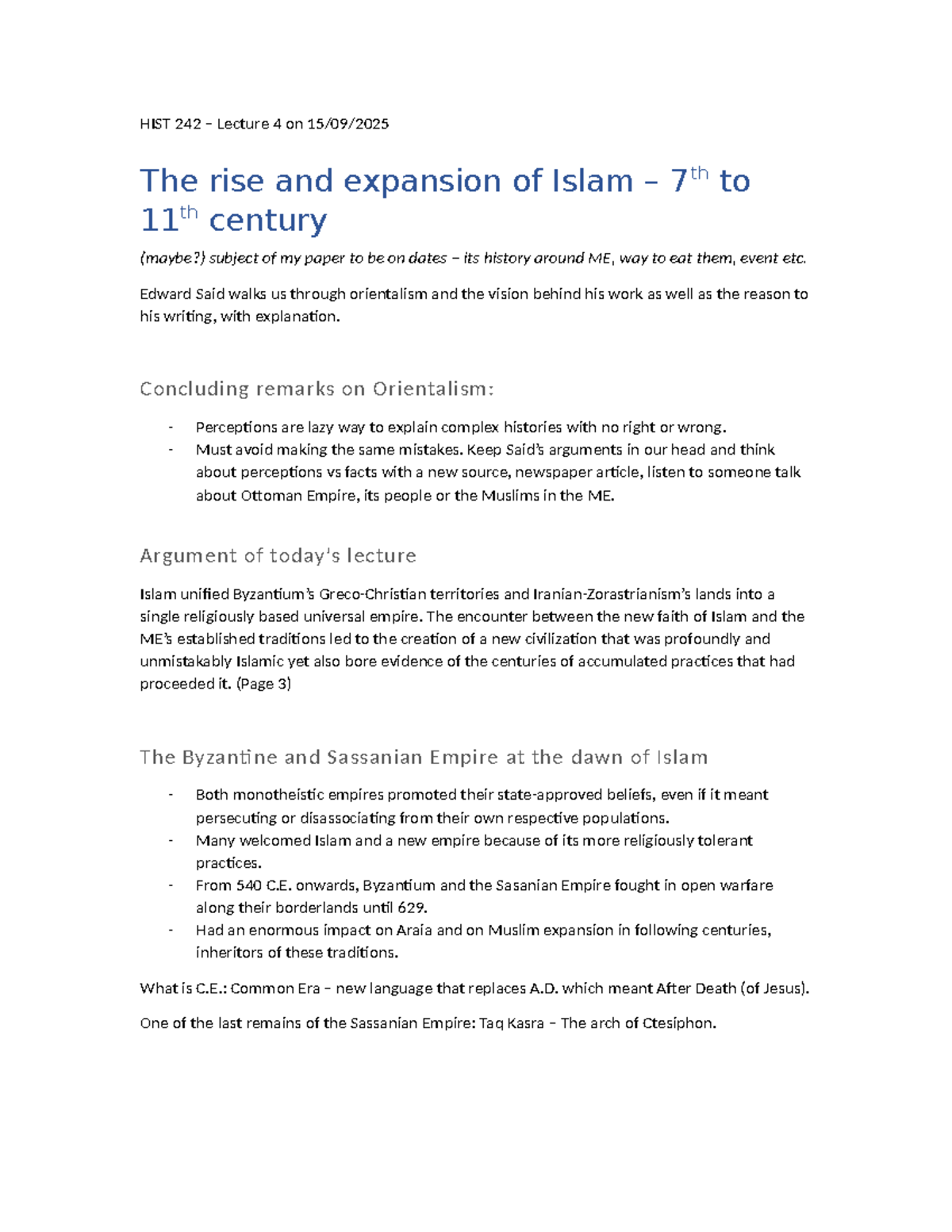 HIST 242 Lecture 4: The Rise and Expansion of Islam (7th-11th Century ...