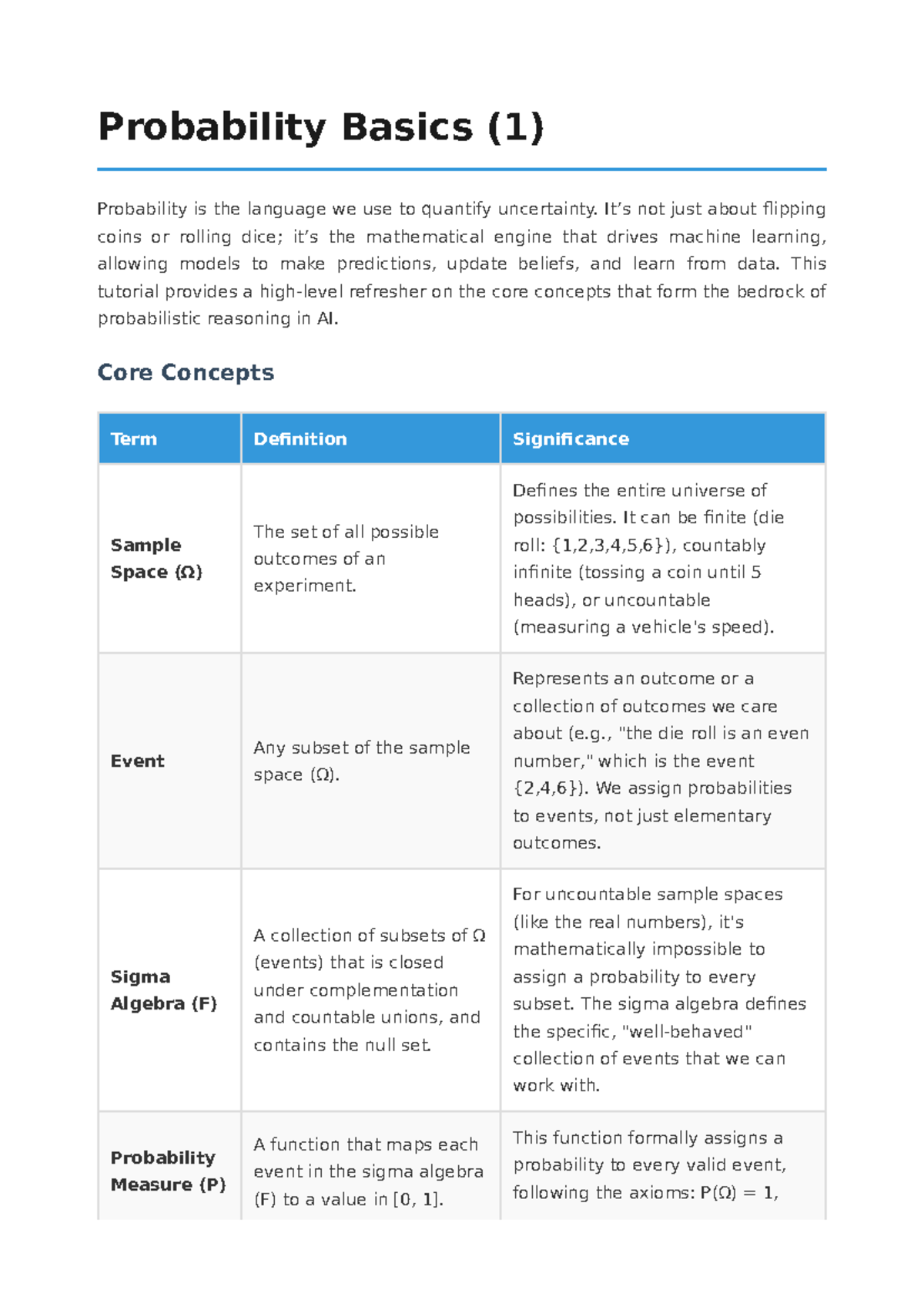 Probability Basics: Core Concepts for AI (W16L17) - Studocu