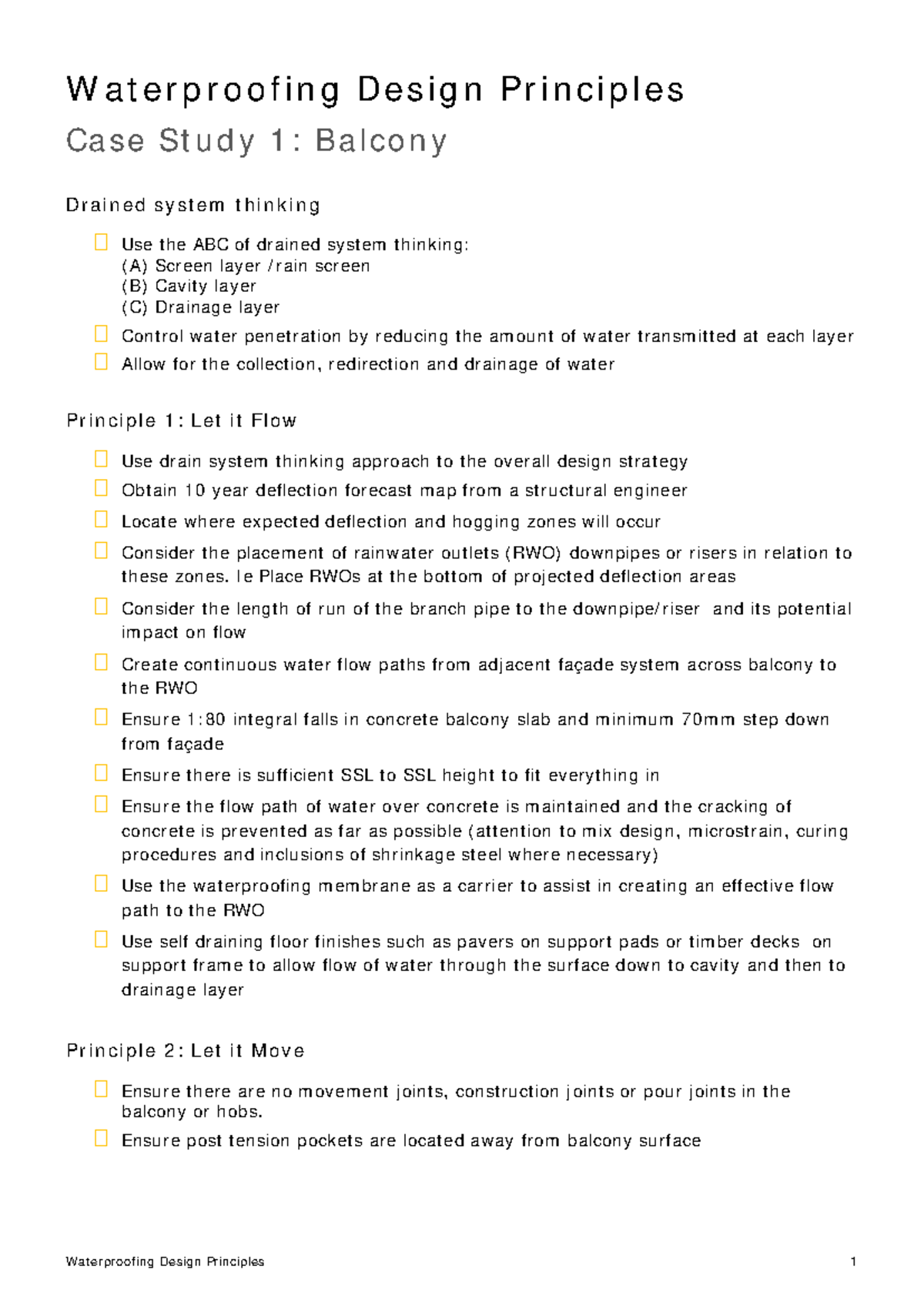 Waterproofing Design Principles Case Study 1: Balcony Drainage Checklist - Studocu