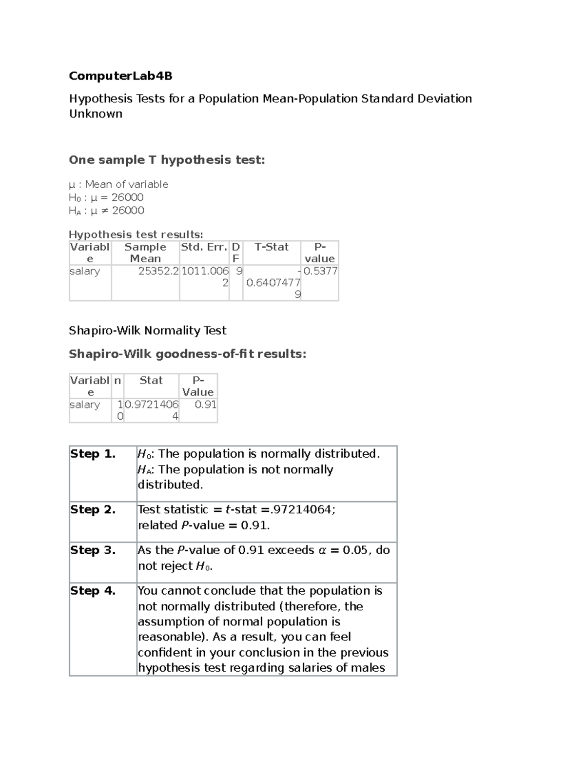 Computer Lab 4B: Hypothesis Tests for Unknown Population SD - Studocu