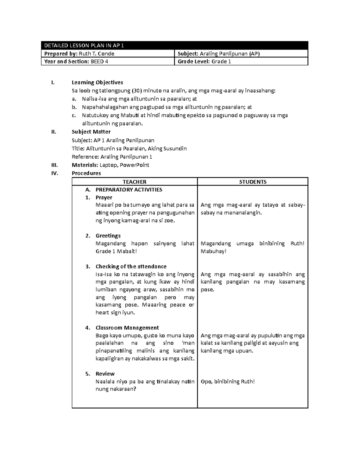 AP 1 Detailed Lesson Plan: Alituntunin sa Paaralan for Grade 1 - Studocu