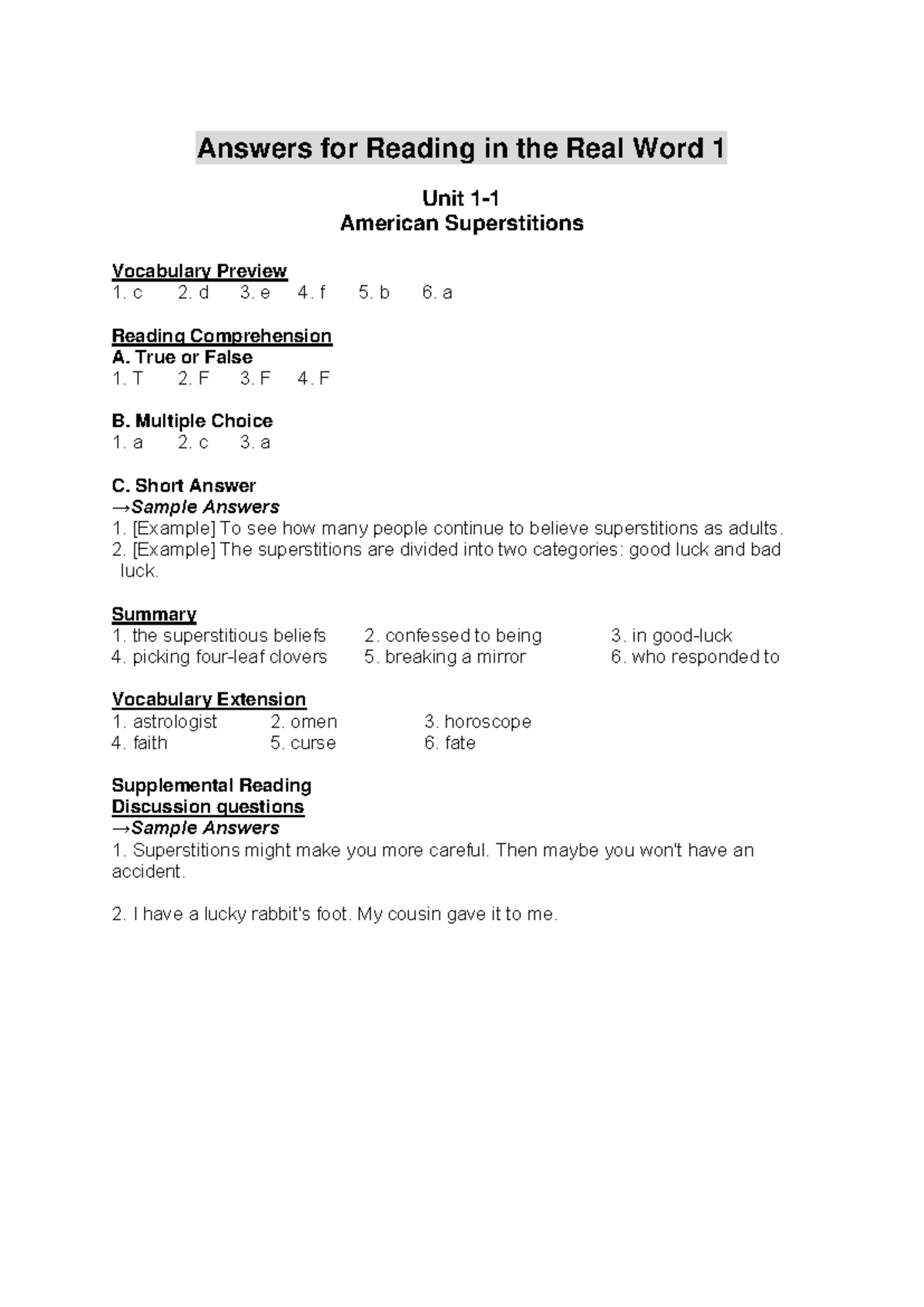Reading for the Real World 2 (AK 1) – Unit Answers & Comprehension ...