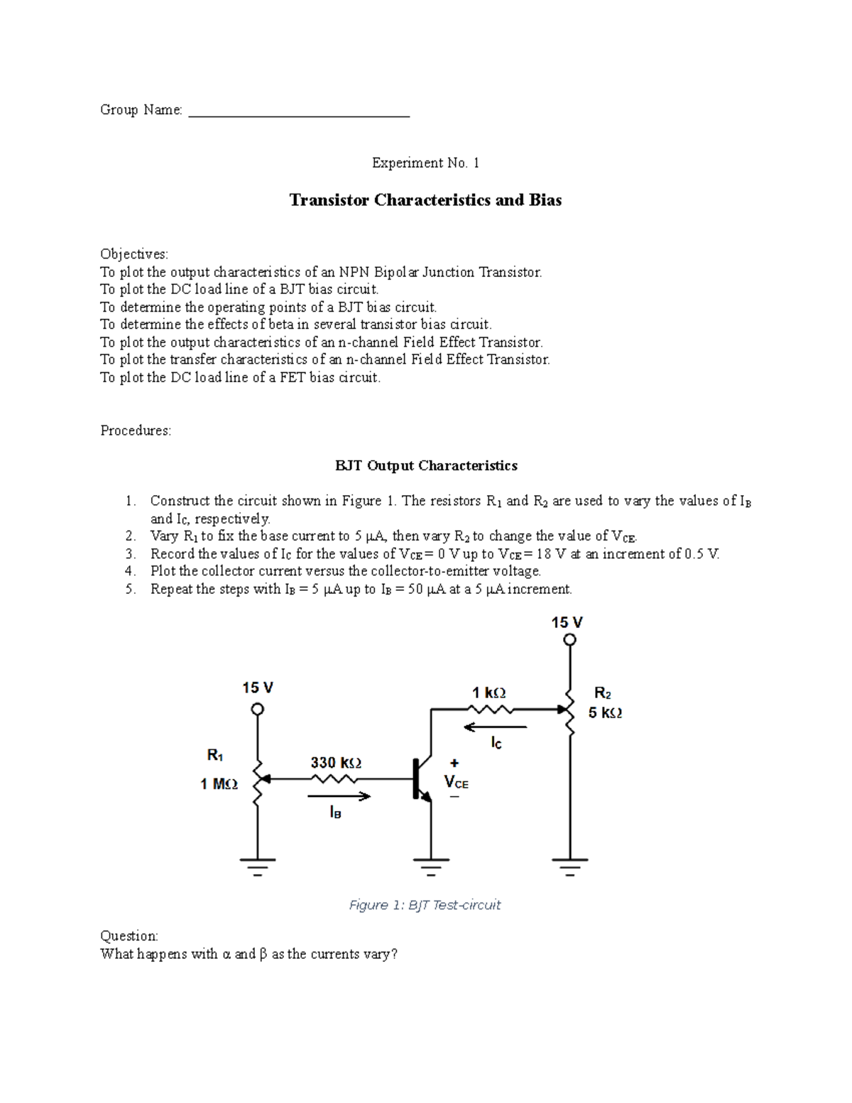Lab 1: Transistor Bias Characteristics and Manual Solutions - Studocu