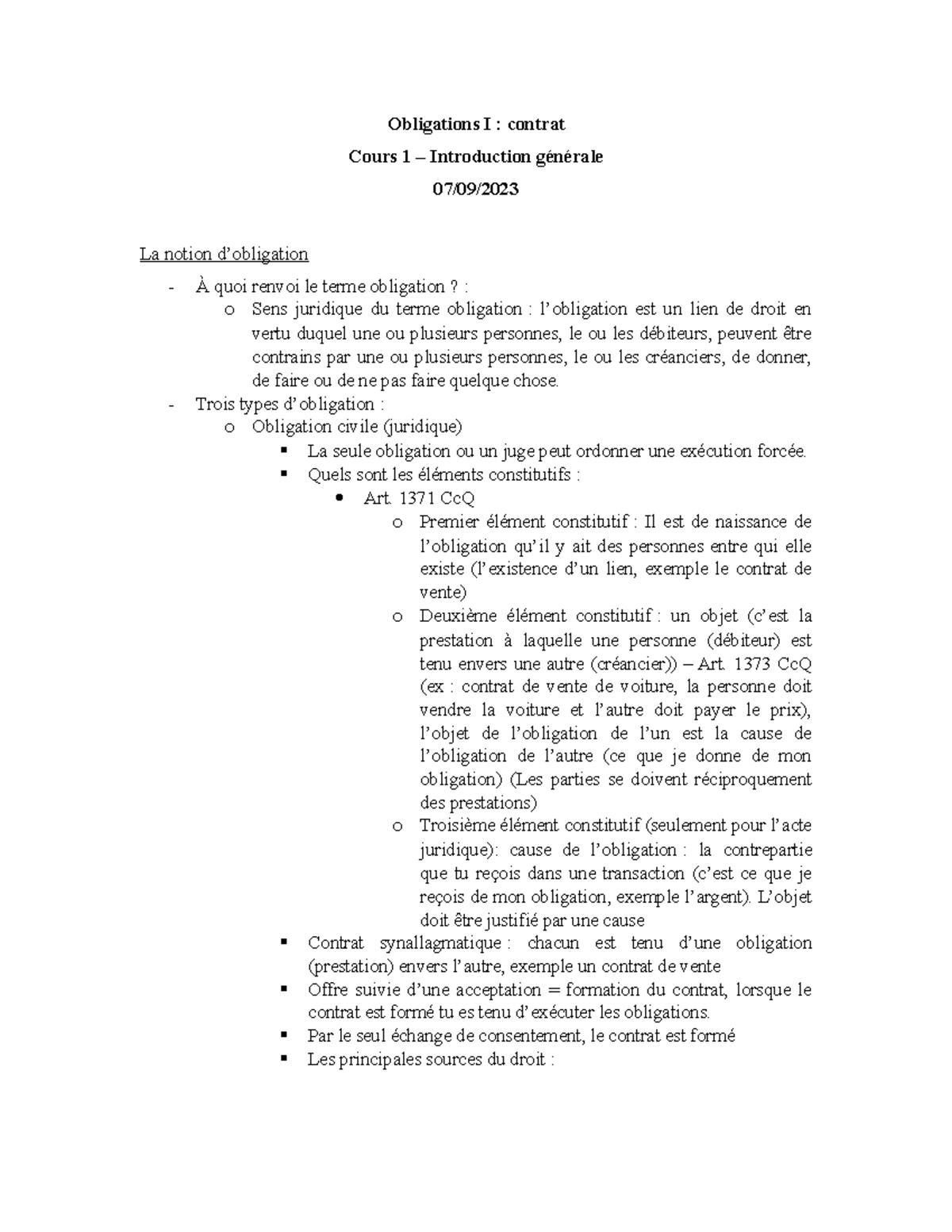 Obligations I - Cours 1 - Introduction et Types d'Obligations - Studocu