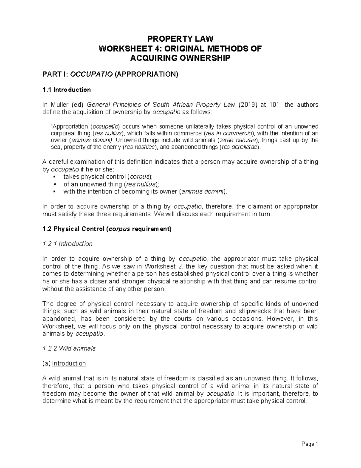 PROPERTY LAW WORKSHEET 4: ORIGINAL ACQUISITION OF OWNERSHIP - Studocu