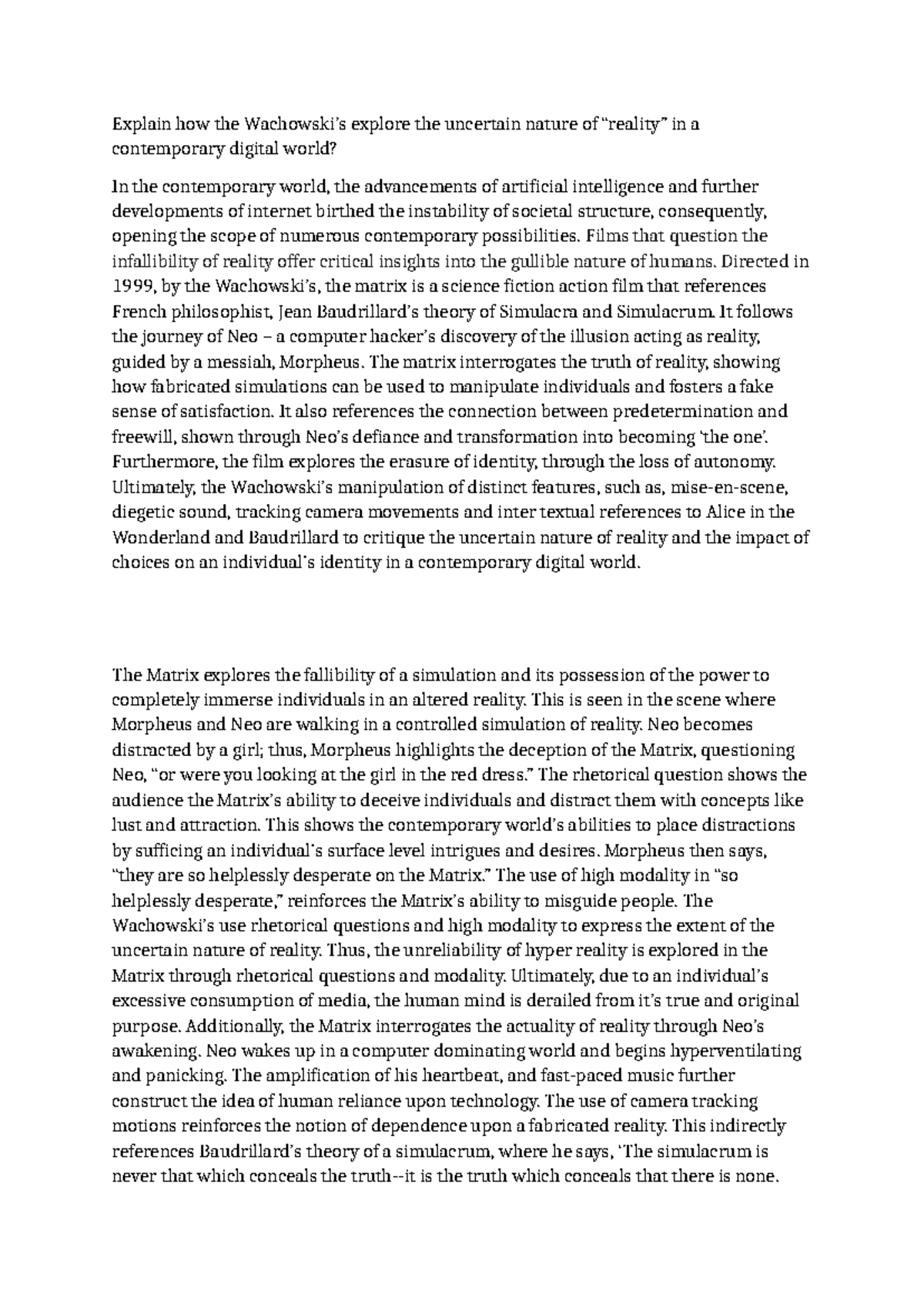 Essay - The Matrix: Exploring Uncertainty in a Digital Reality - Studocu