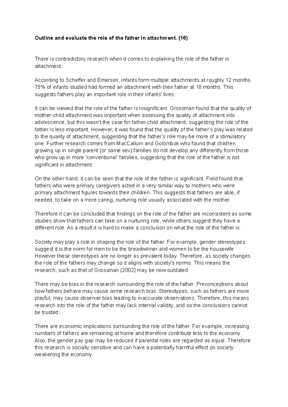 The Role of the Father in Attachment: A 16-Marker Evaluation - Studocu