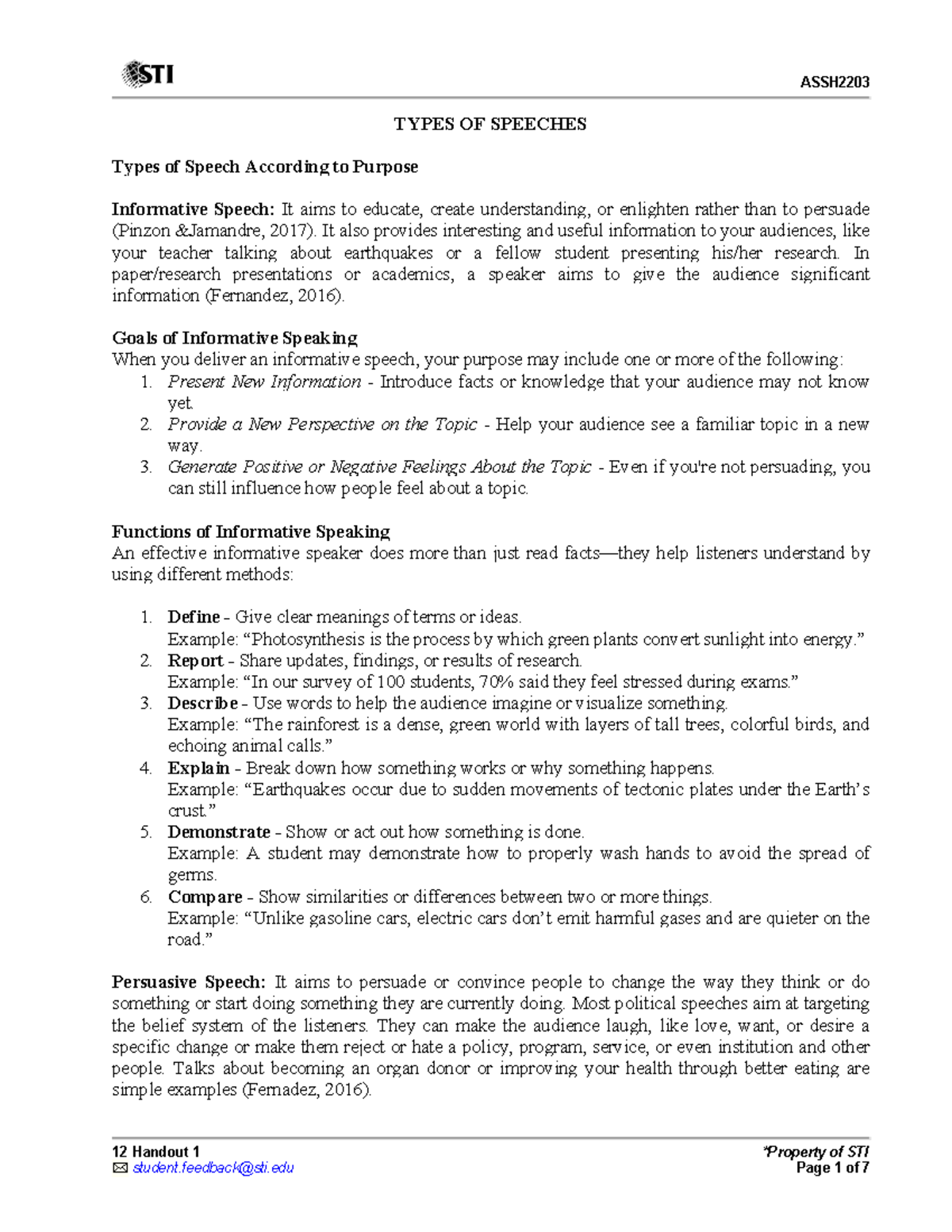 ASSH2203 Lesson 4: Types of Speeches and Their Purposes - Studocu