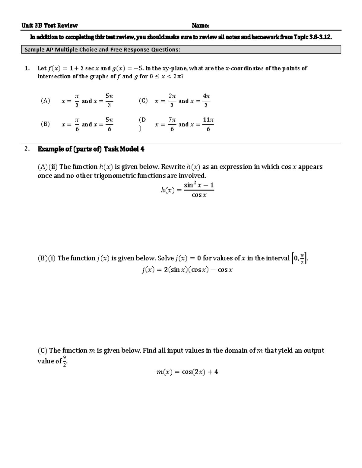 Unit 3B Test Review: Trigonometric Functions & Equations - Studocu