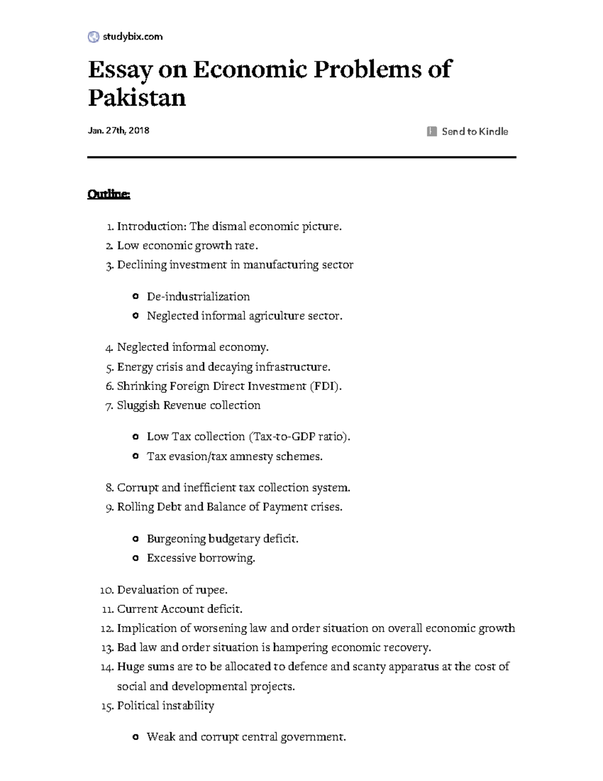 Economic Crisis of Pakistan Essay Outlin - studybix Essay on Economic ...