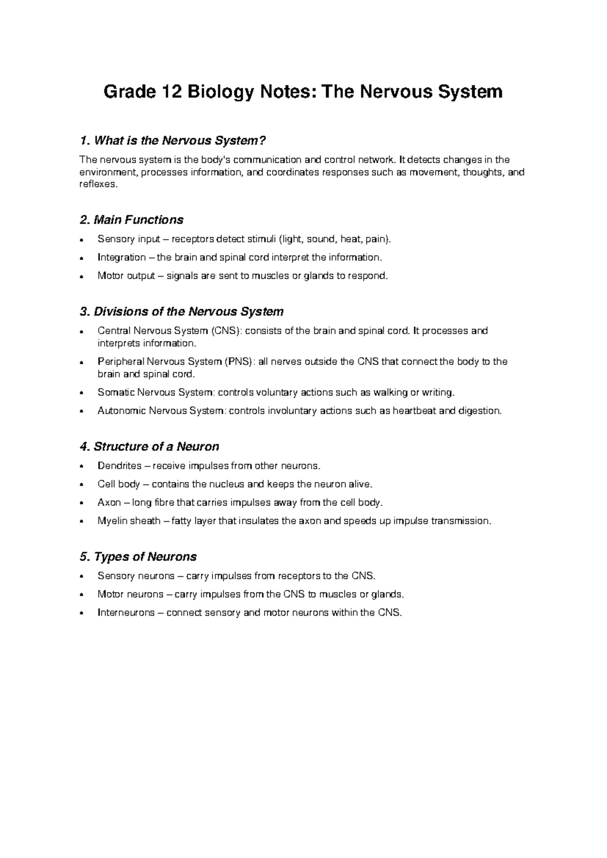 Grade 12 Biology: Nervous System Overview and Functions - Studocu