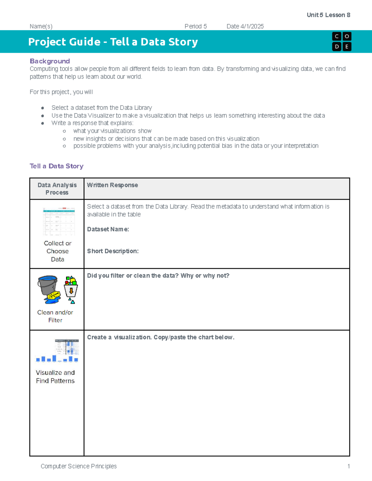Unit 5 Lesson 8: Project Guide for Data Storytelling in CSP 1 & 2 - Studocu
