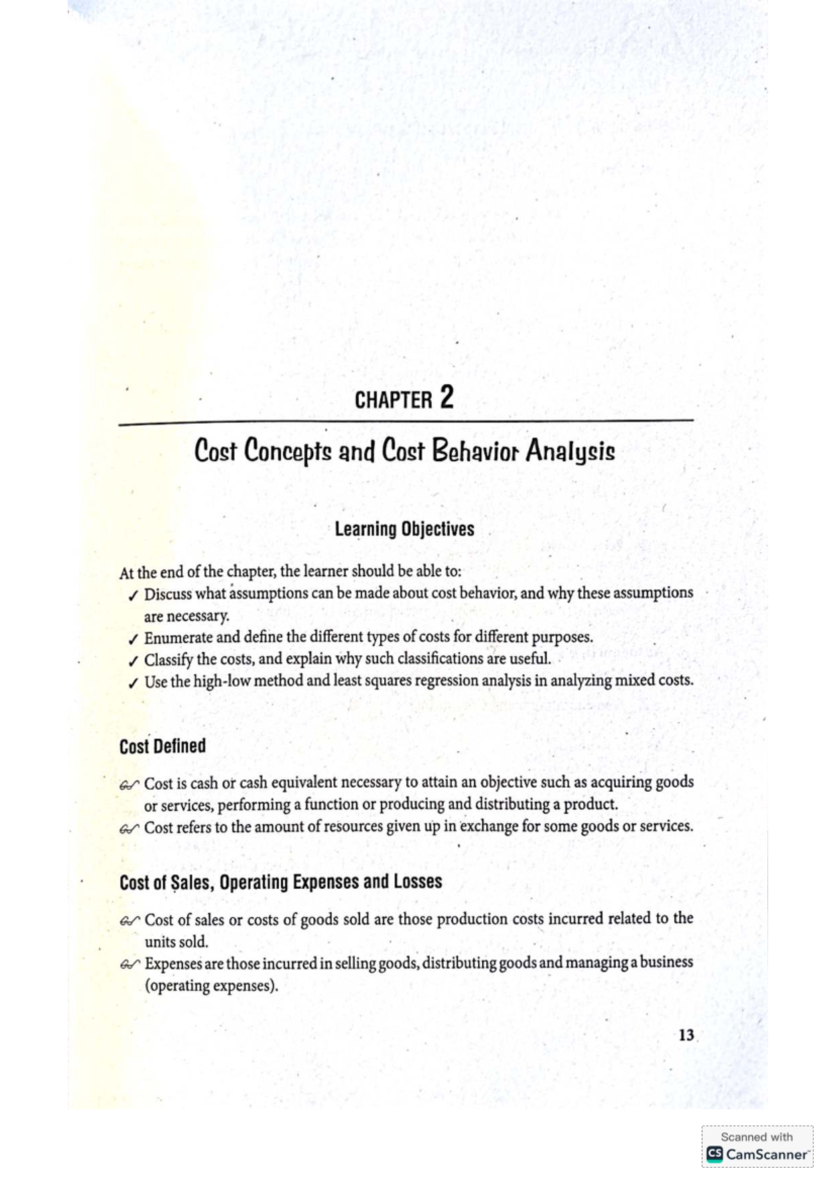 CHAPTER 2: Cost Concepts & Behavior Analysis (Learning Objectives ...