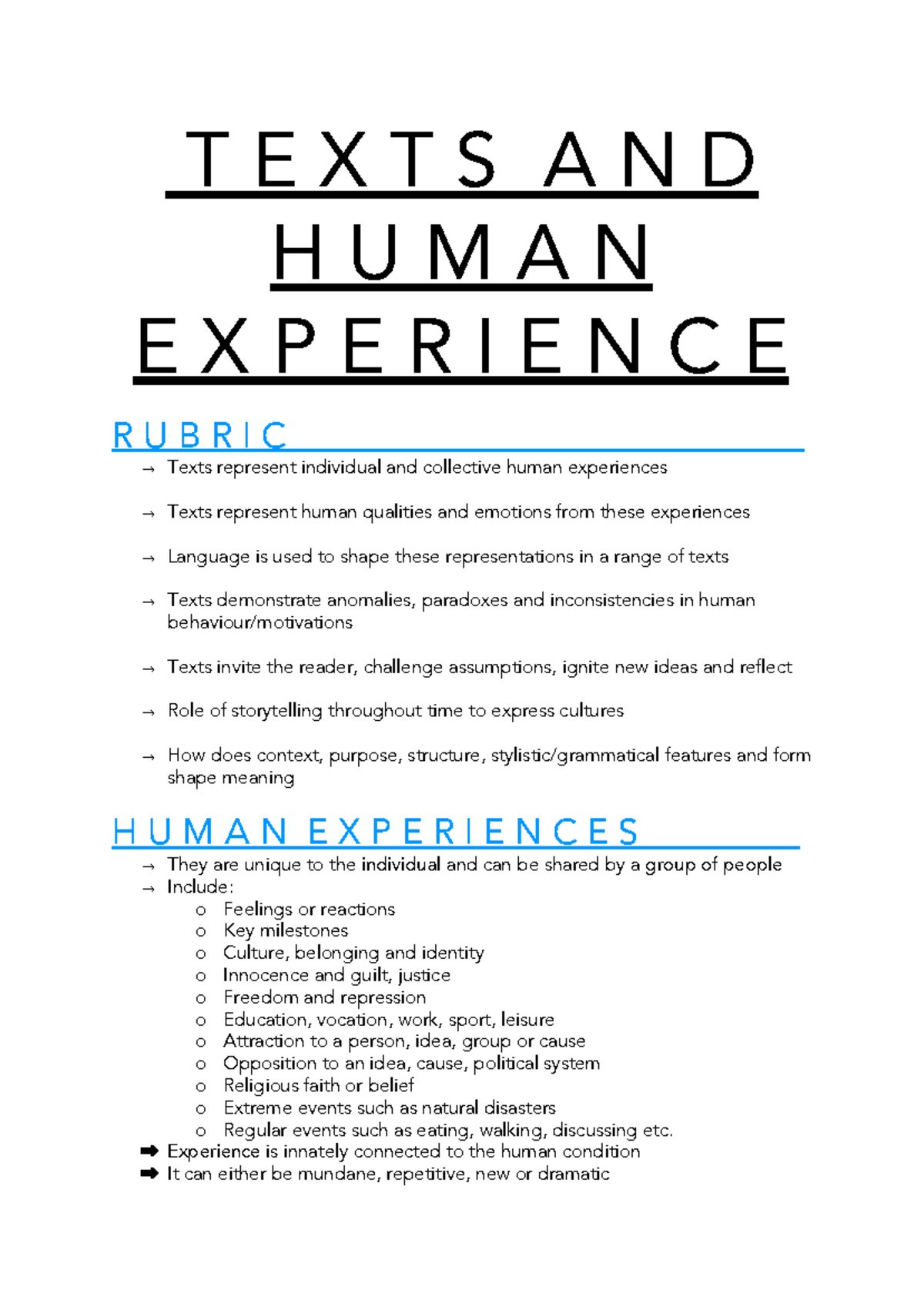 HSC Advanced English Notes: Texts & Human Experience Analysis - Studocu