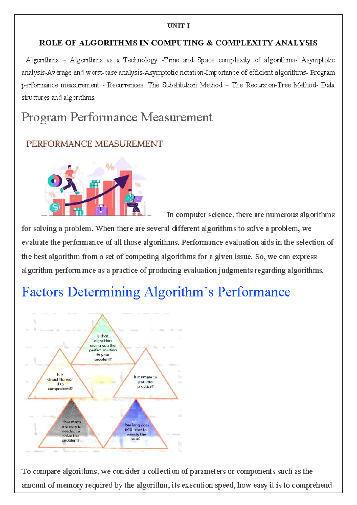 ADSA 101: Unit I - Role of Algorithms in Complexity Analysis - Studocu