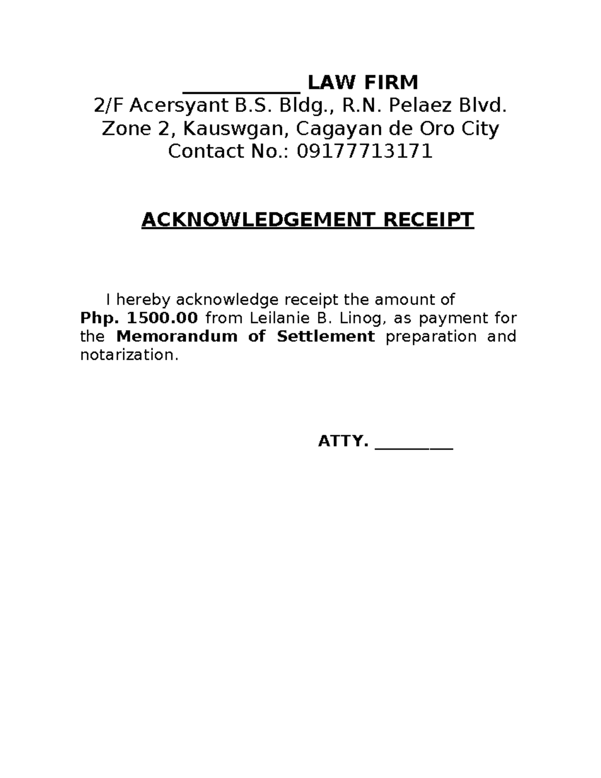 Acknowledgement Receipt sample - Business law - ____________ LAW FIRM 2 ...