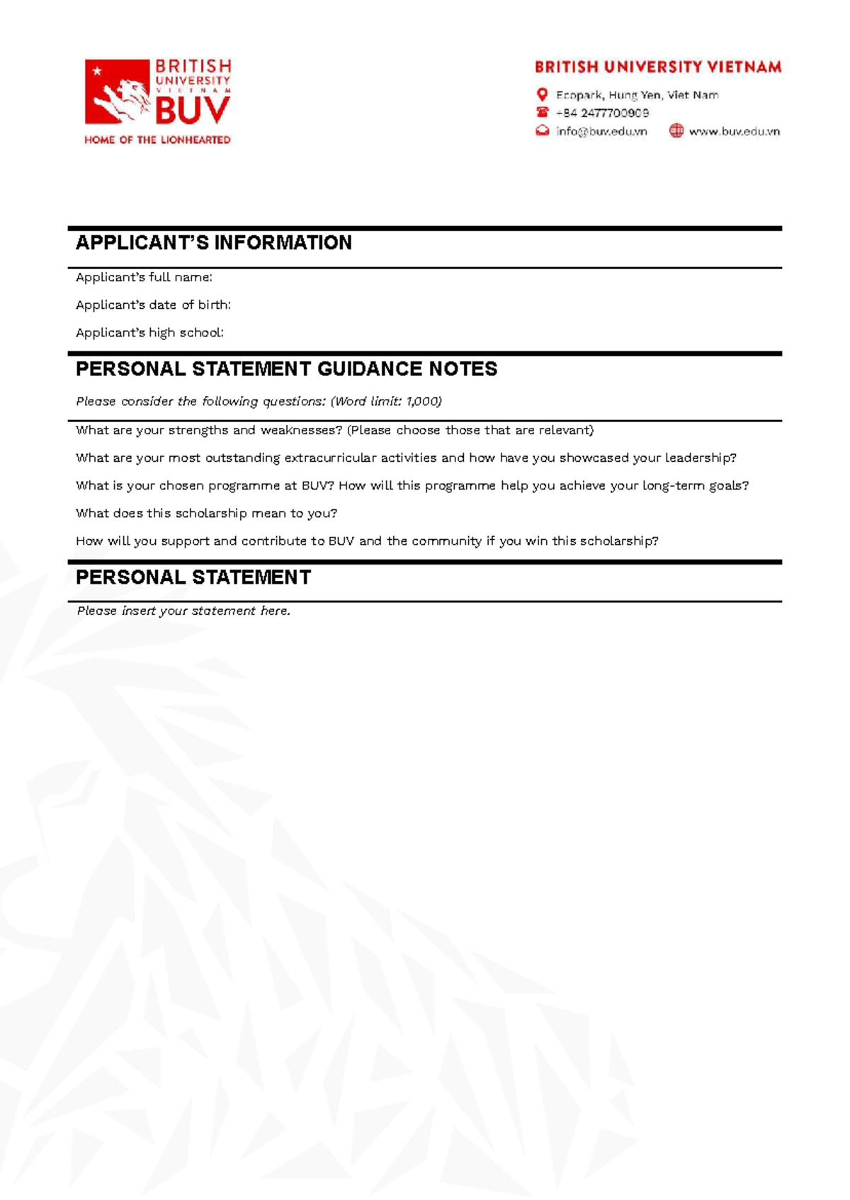 BUV Scholarship Personal Statement template - APPLICANT’S INFORMATION ...