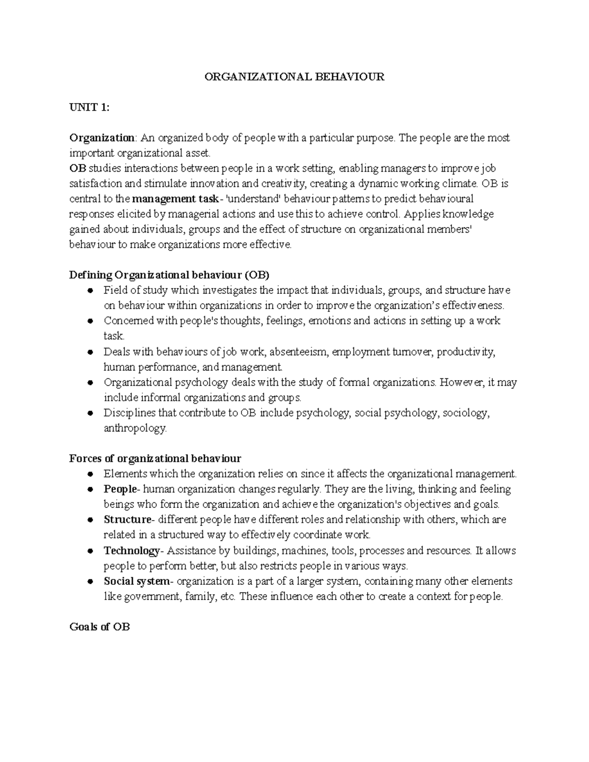 Organizational Behaviour (OB) Notes: Key Concepts and Insights - Studocu