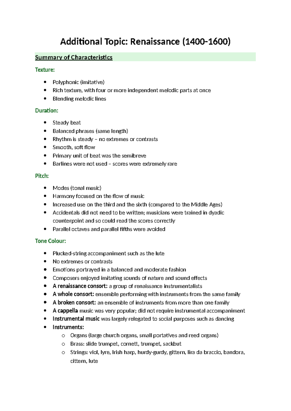 Renaissance Music Characteristics: Summary Notes - Studocu