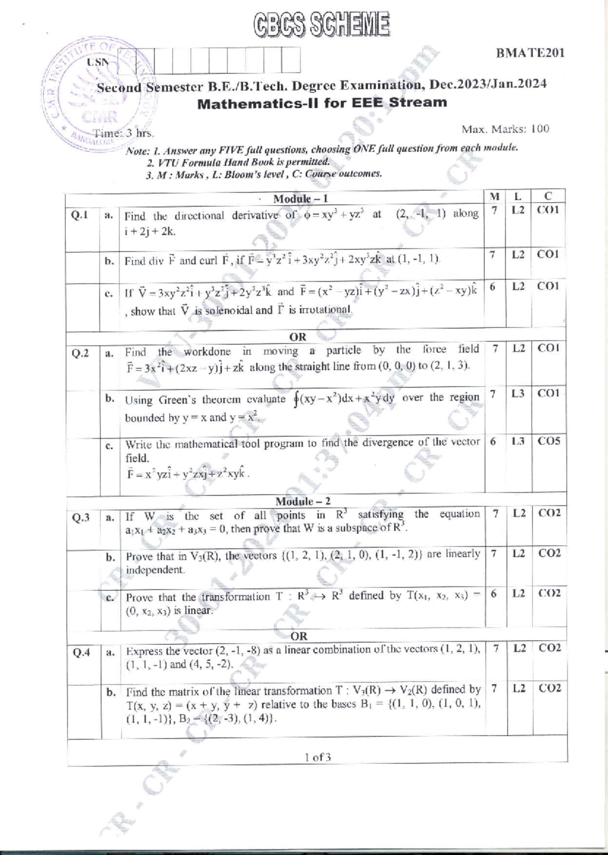 VTU Jan-Feb 2024 Question Paper: BMATE201 Mathematics-II for EEE - Studocu