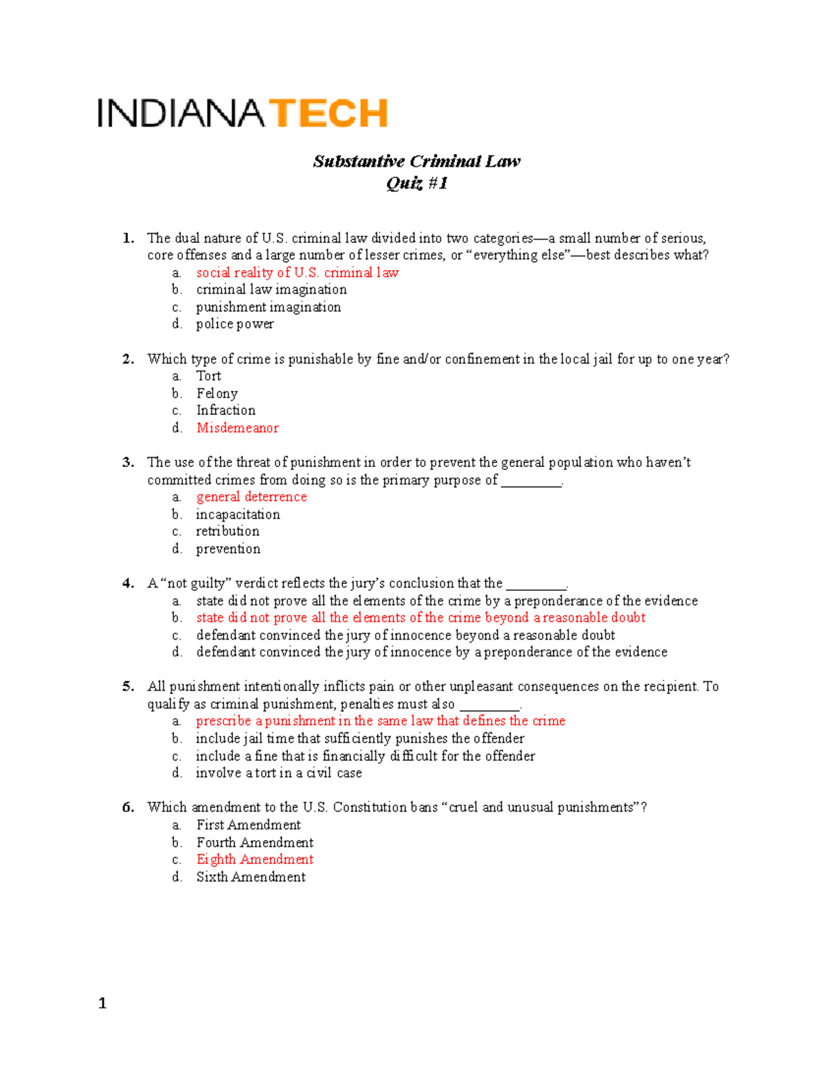 F22 Crim Q1 KEY - Quiz 1 Answers in Substantive Criminal Law - Studocu