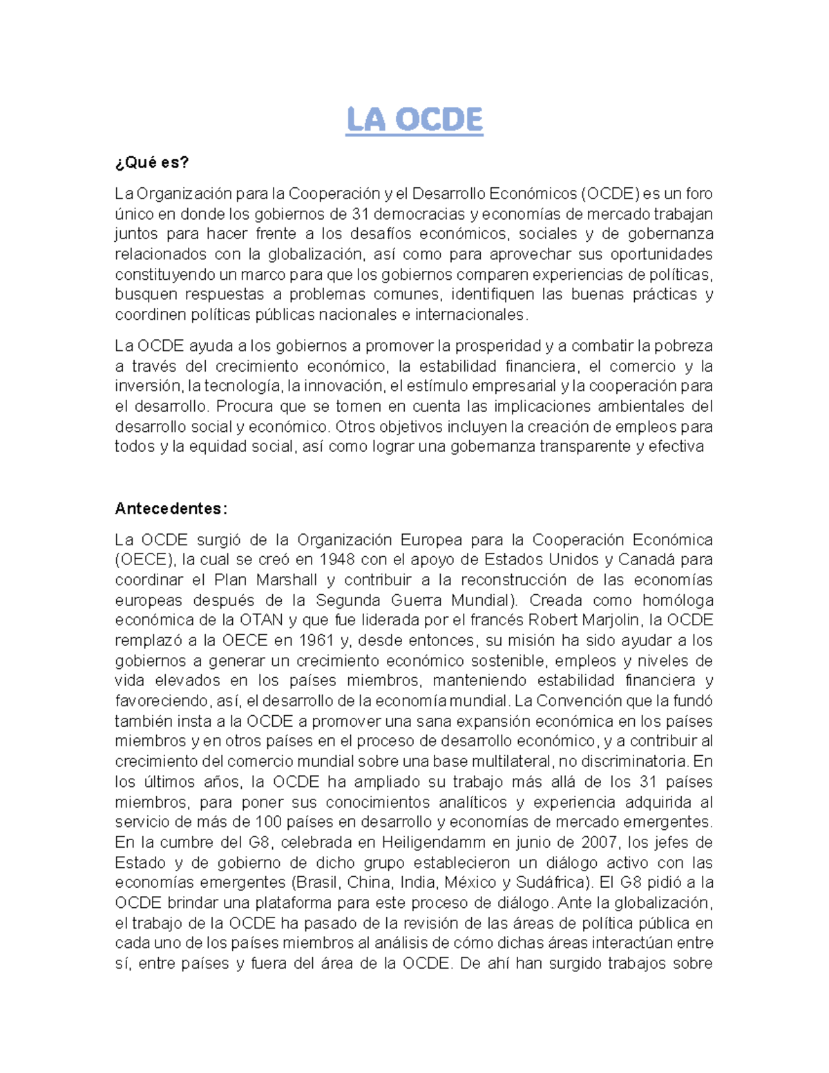 Resumen sobre la OCDE: Funciones y Antecedentes - Studocu