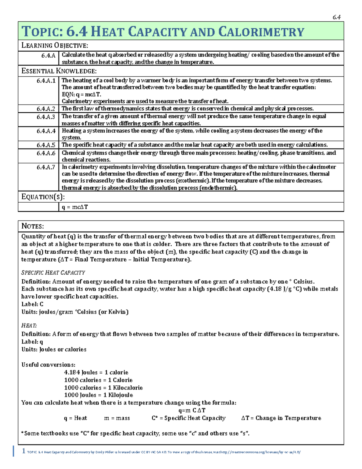 6.4 Calculating Heat Transfer: Heat Capacity and Calorimetry Notes ...